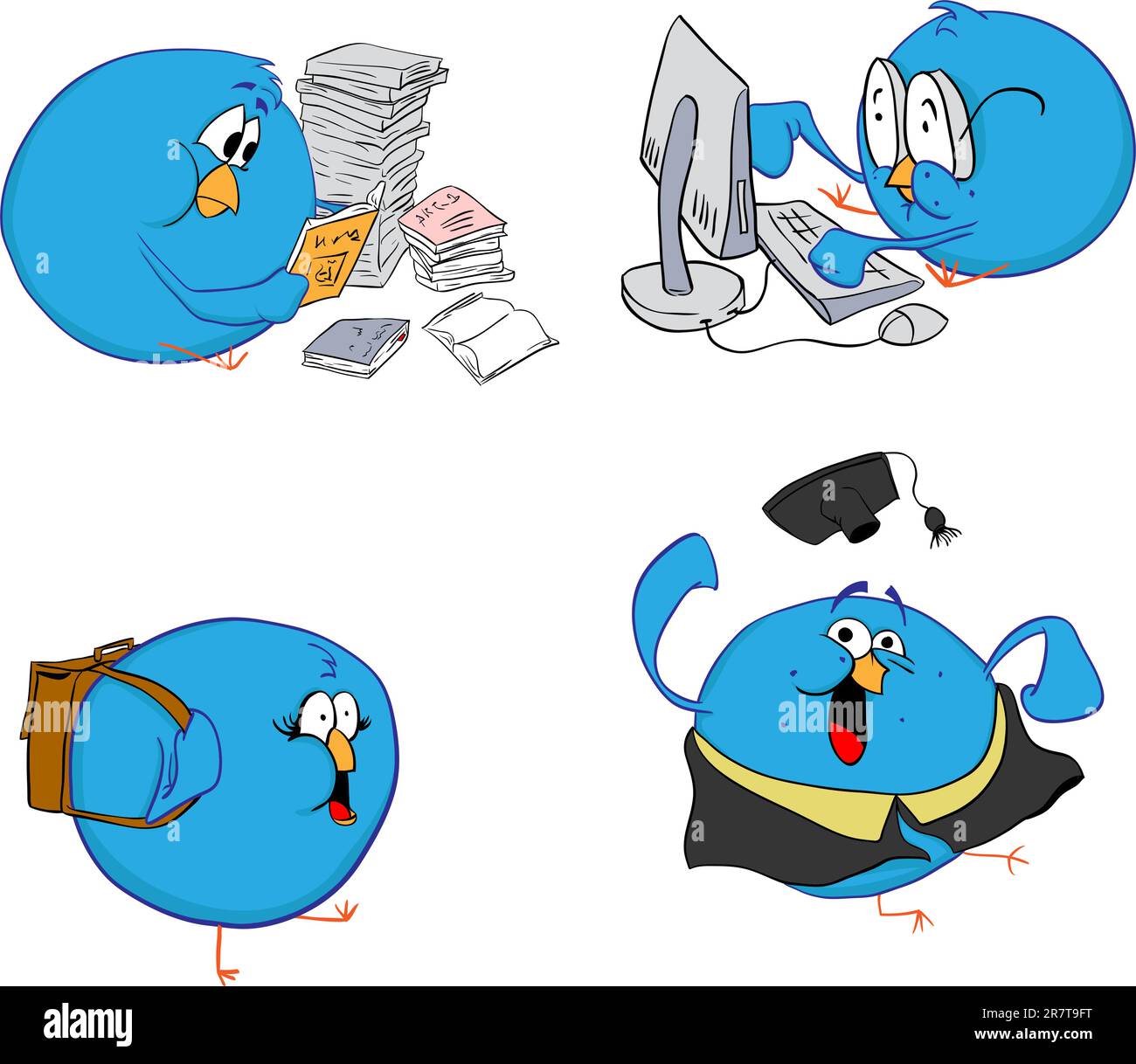 Four blue birds do their studies. All birds are implemented as separate ...