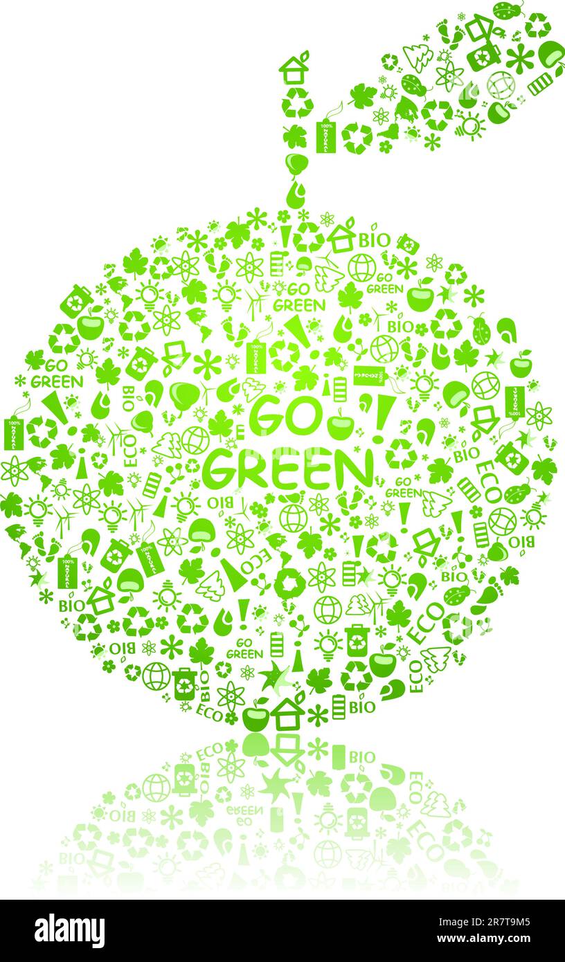 go green ecological pattern apple on white backdrop - bulb, leaf, globe ...