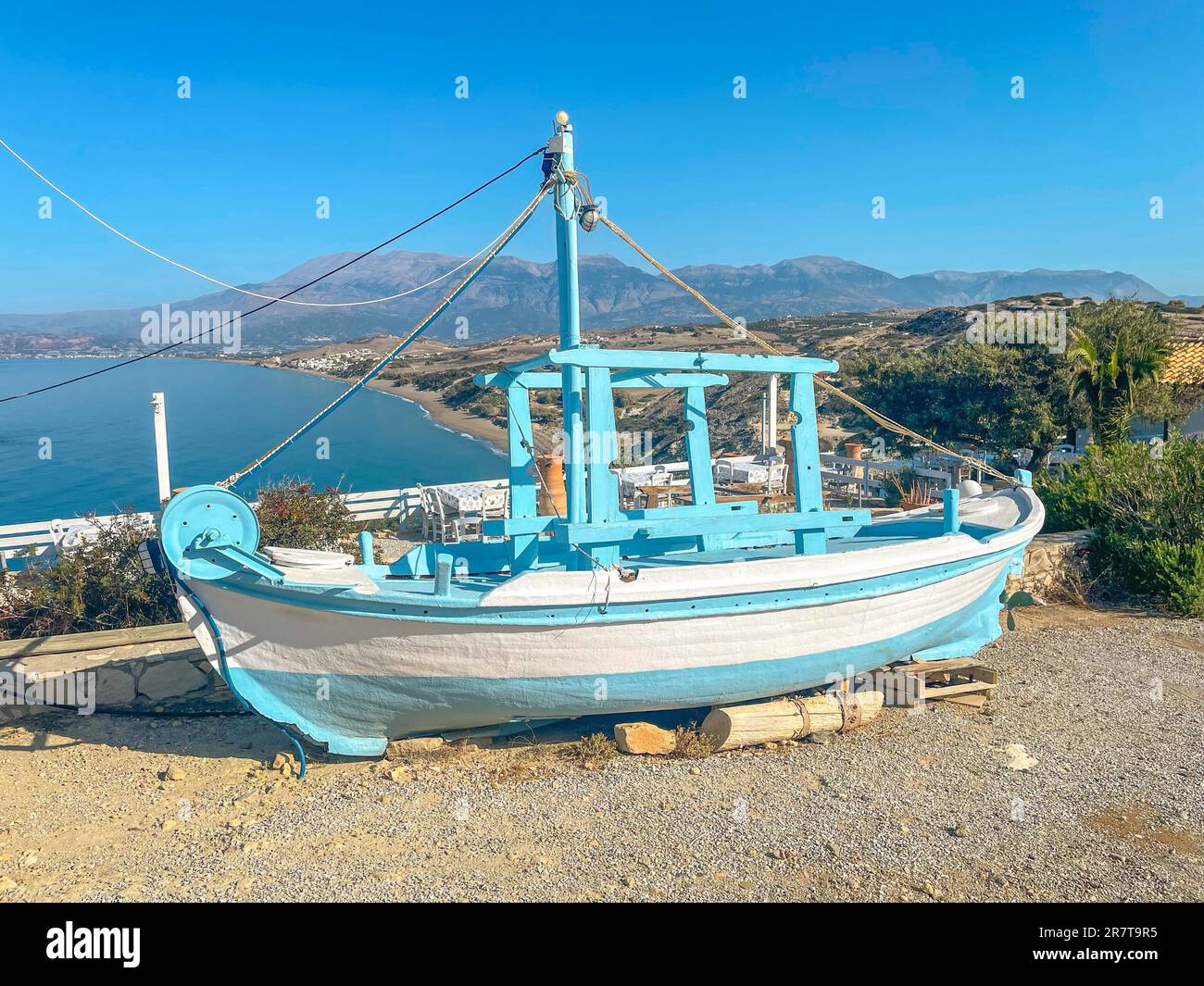 Typical greek trawler as decoration of a Taverna at the scenic outlook ...
