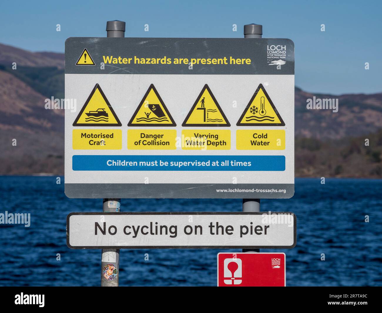 Warning sign at the beach at village Luss at Lake Lomond, potential ...