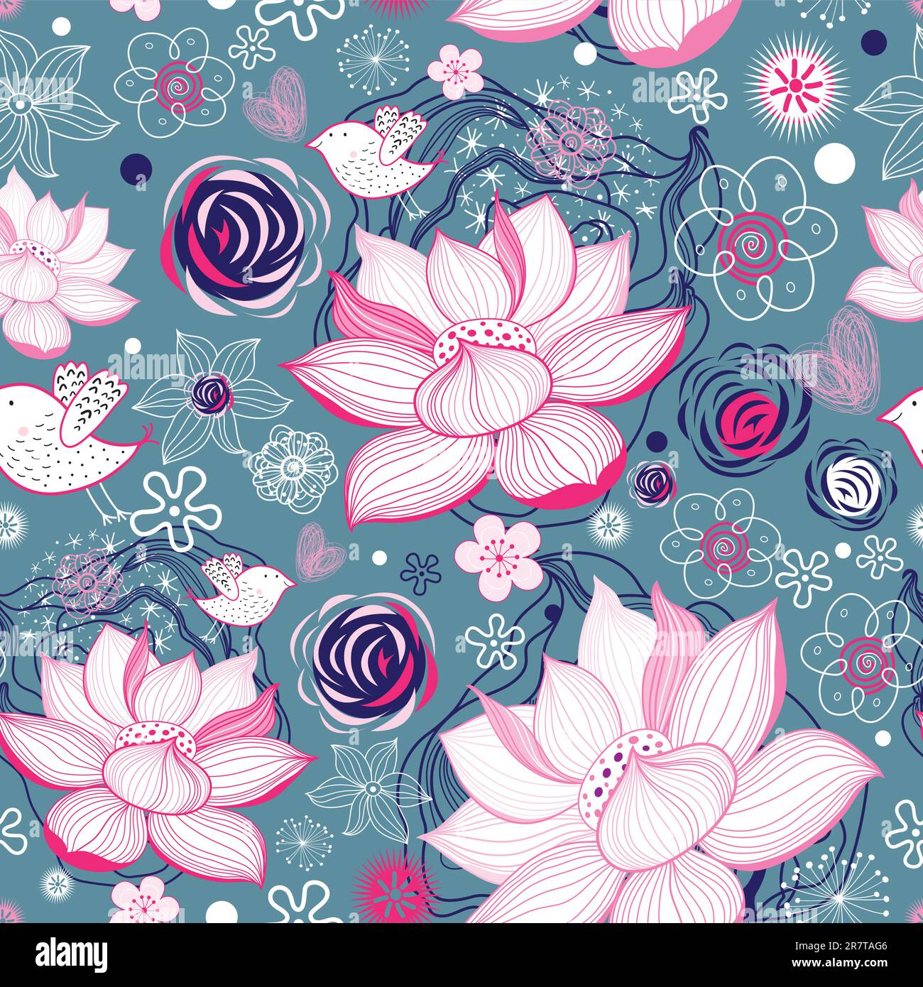 seamless pattern of lotus flowers and birds on a blue background Stock ...