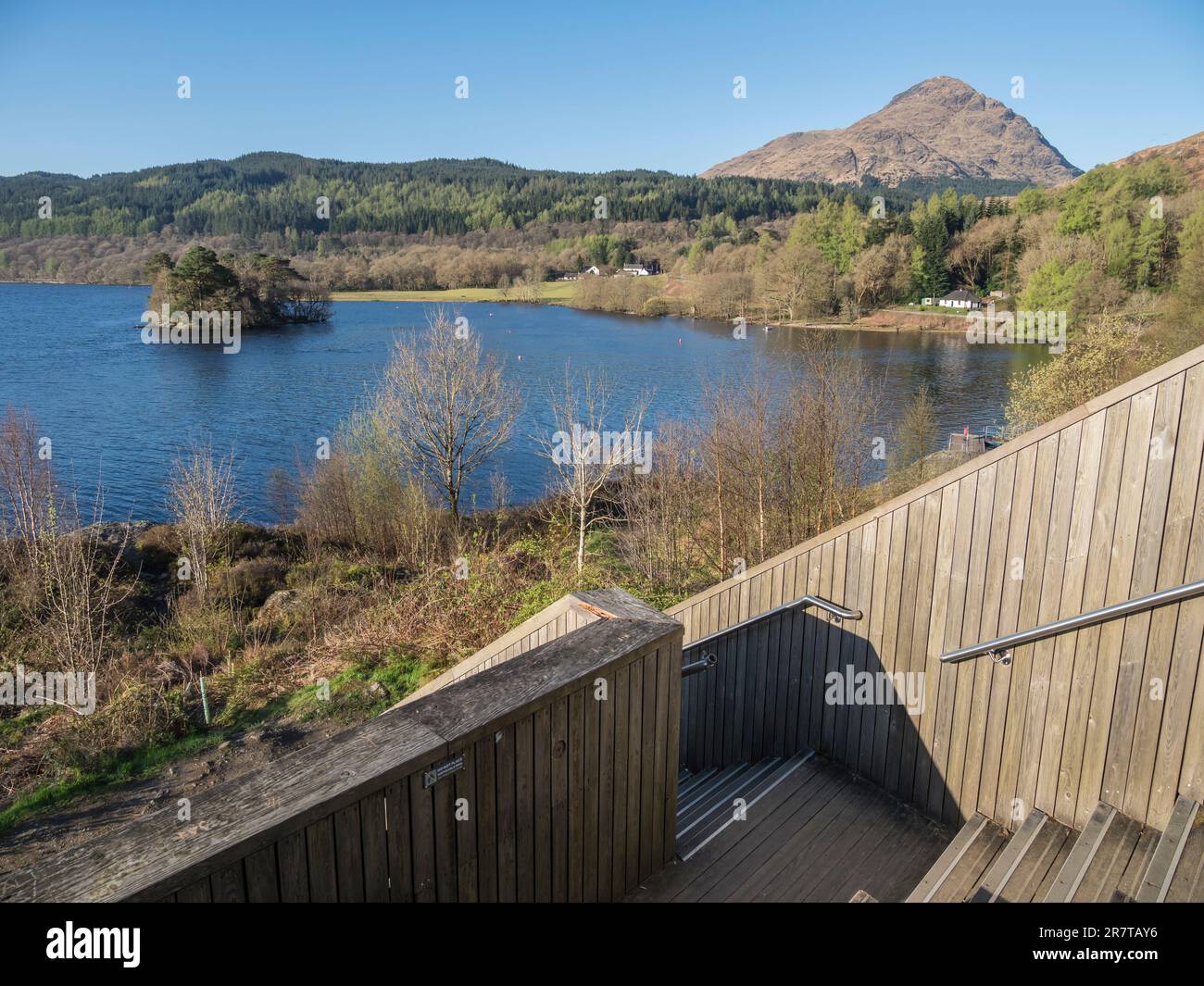 Wooden pyramid viewing point on peninsula at Inveruglas, Lake Lomond ...