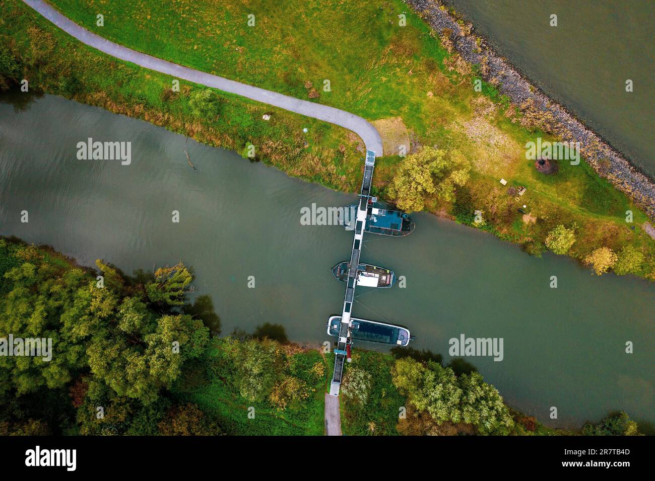 Ship bridge on the Rhine near Leverkusen, Germany. Drone photography ...