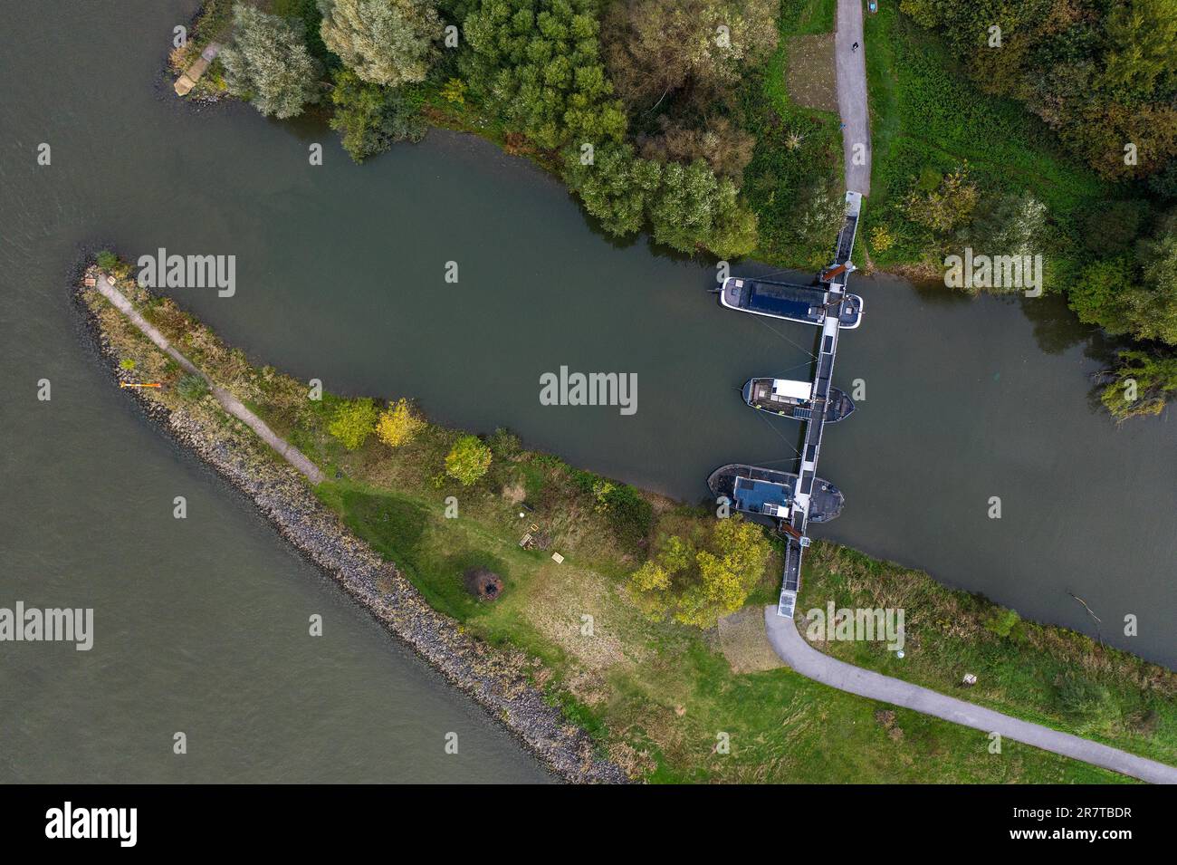 Aerial photography by drone, Ship bridge Wupper estuary is a historic ...