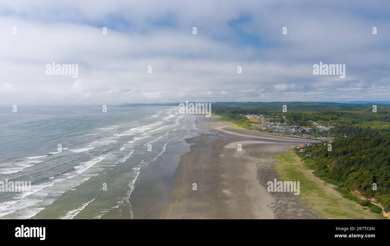 Aerial view of pacific beach at Seabrook, Washington on an overcast ...
