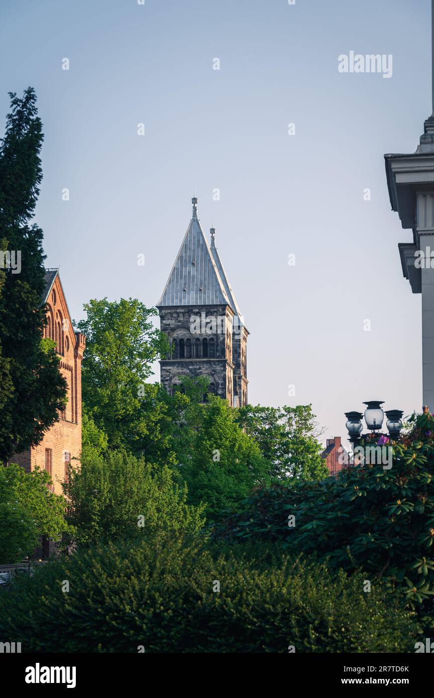 Lund cathedral towers in summer sunset Stock Photo - Alamy