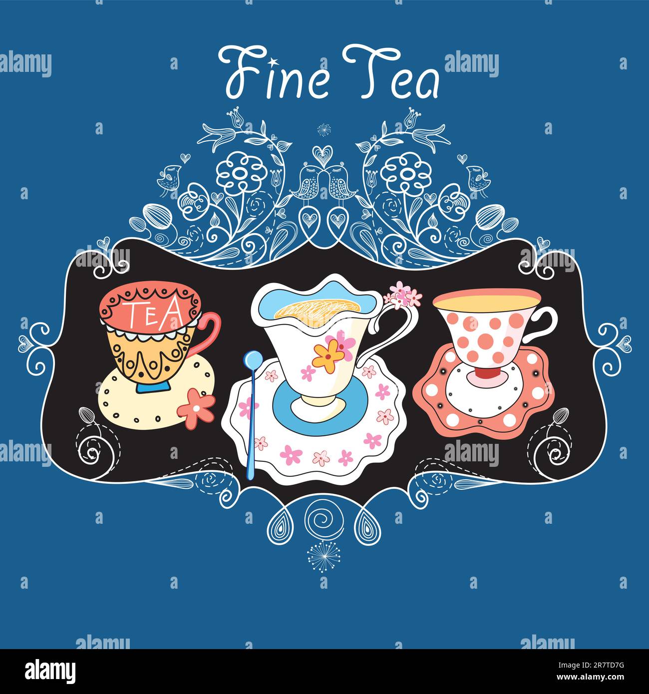 natural background graphics with cups of tea on a black and blue Stock ...