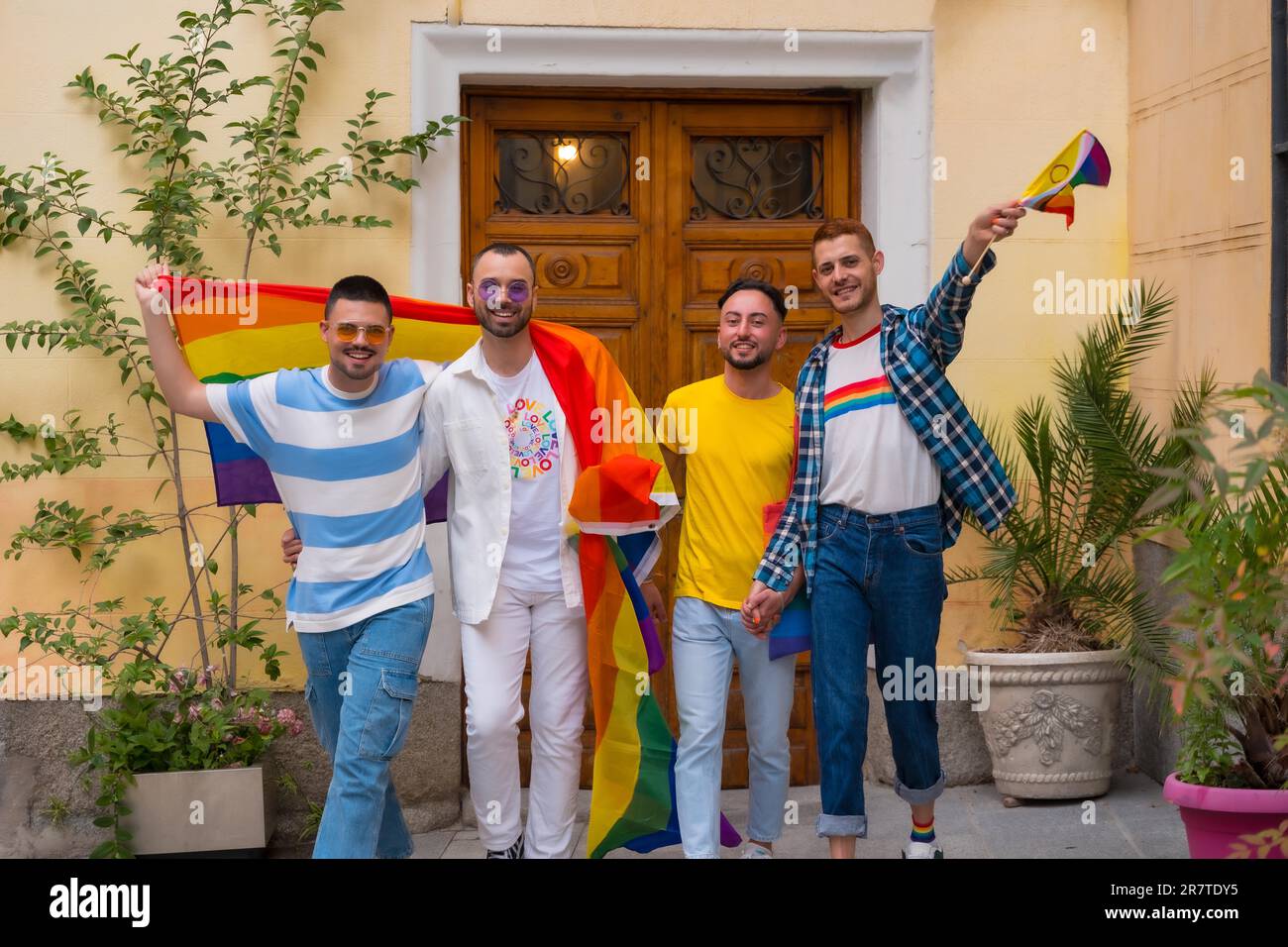 Lgbt concept, portrait of gay men friends having fun at gay pride party ...