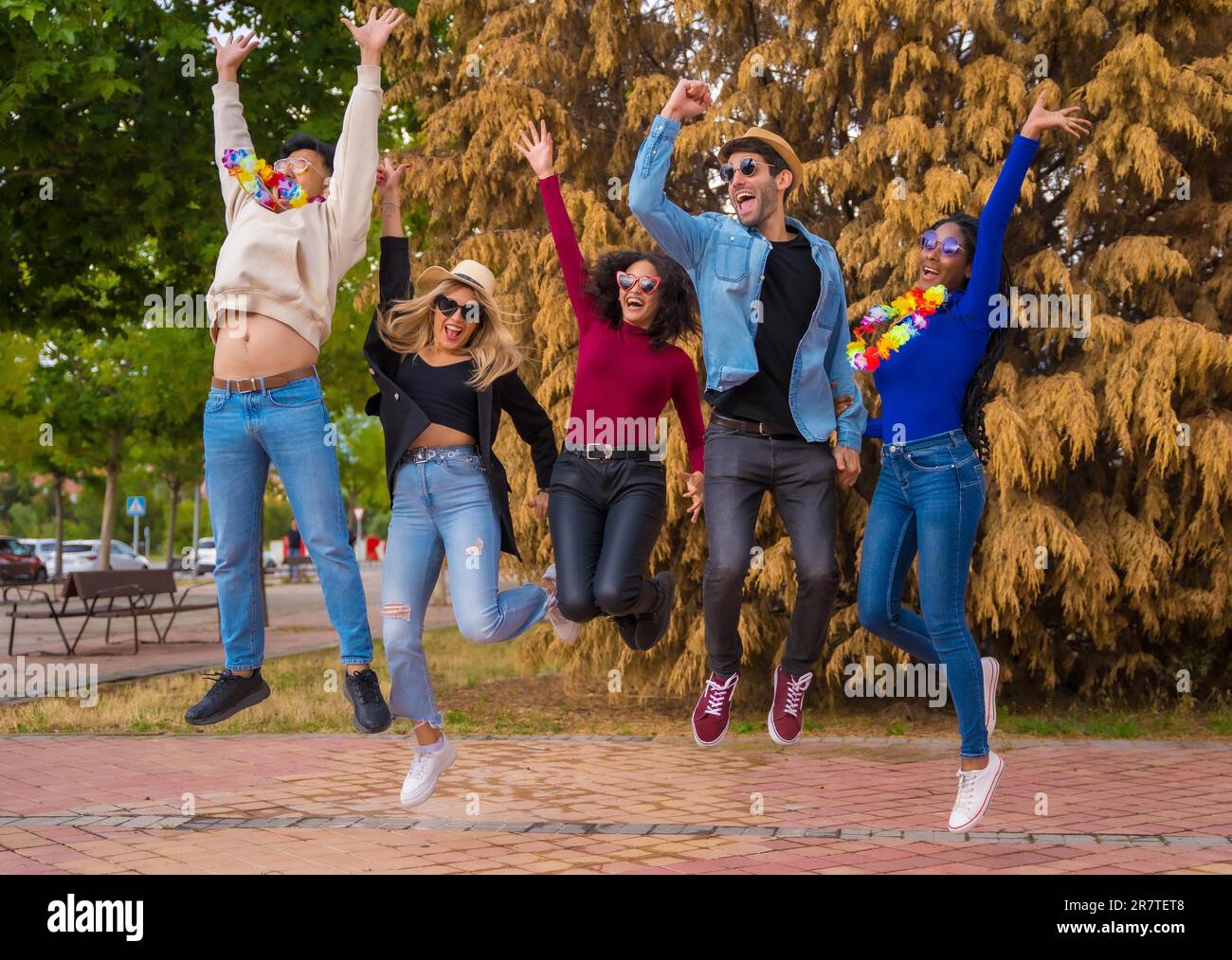 Group of multi ethnic friends partying in a park, Diverse young people ...