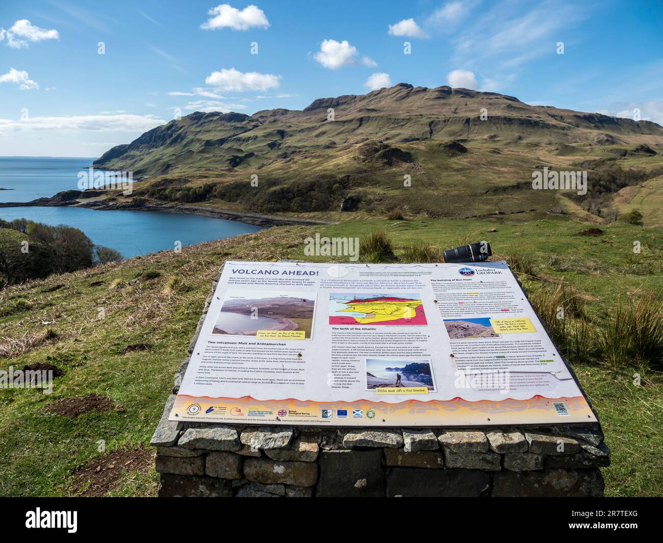 View to volcano Ben Hiant, explanation board describing the geology ...