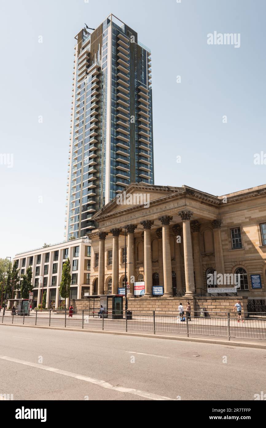 The facade and portico of the Metropolitan Tabernacle Building ...