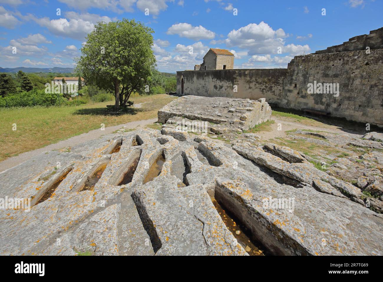 Stone tombs of the Romanesque monastery Abbaye de Montmajour, rock ...