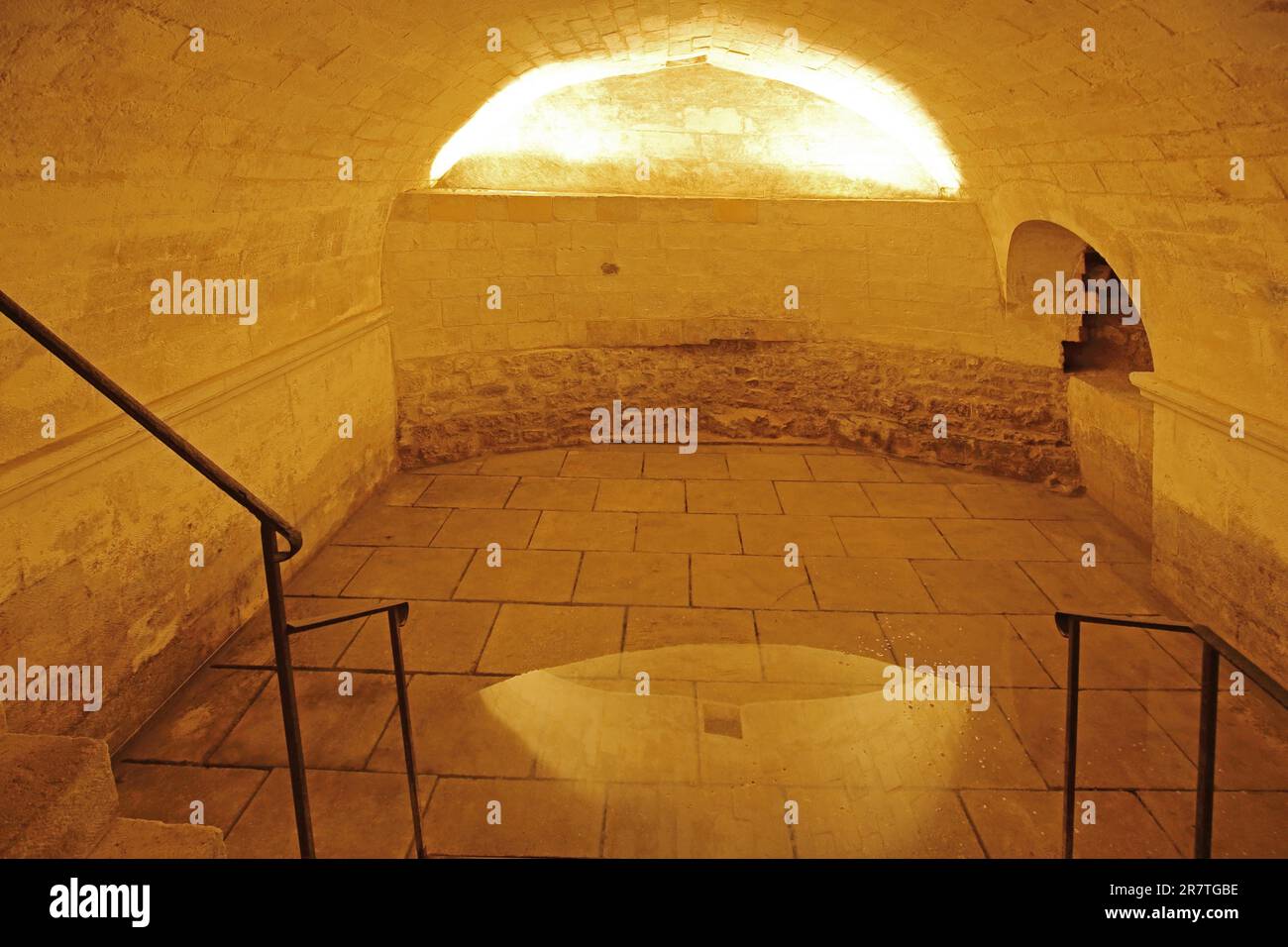 Interior view of the crypt filled with water, Romanesque St-Honorat ...
