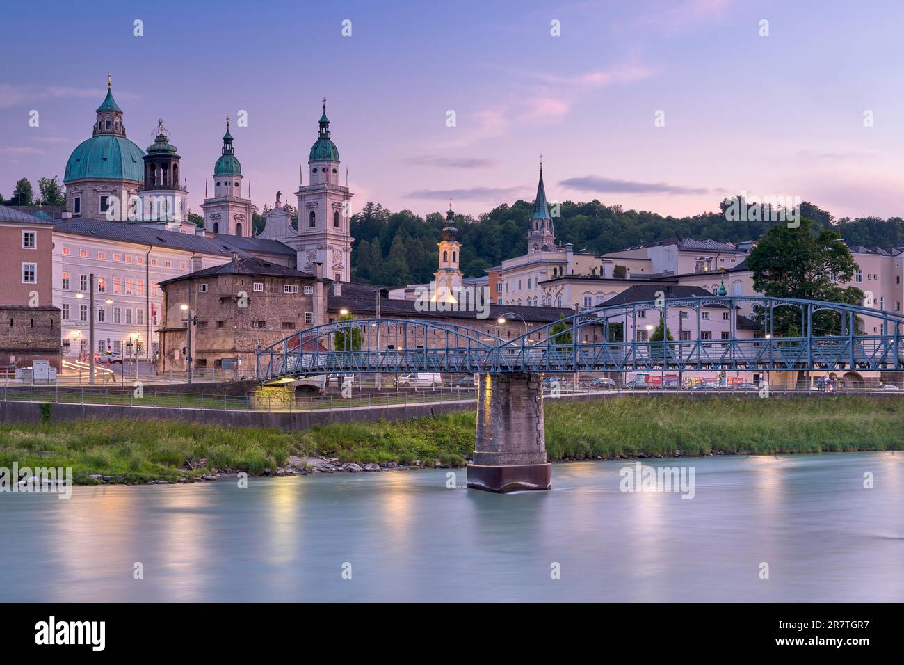 Mozartsteg with Fortress High Salzburg, blue hour, Salzach, Old Town of ...