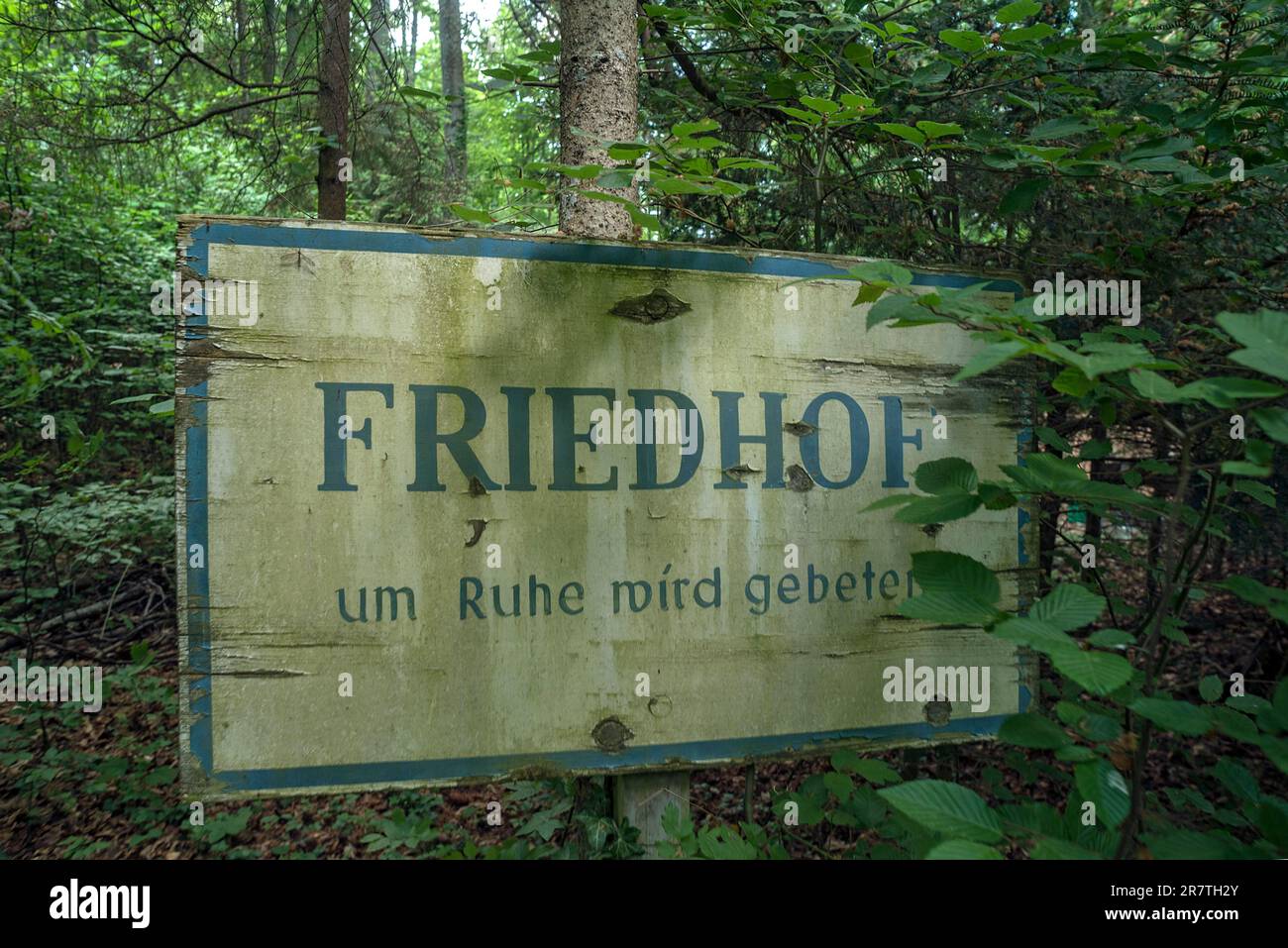 Sign in an existing burial forest since 1820, Upper Franconia, Bavaria ...