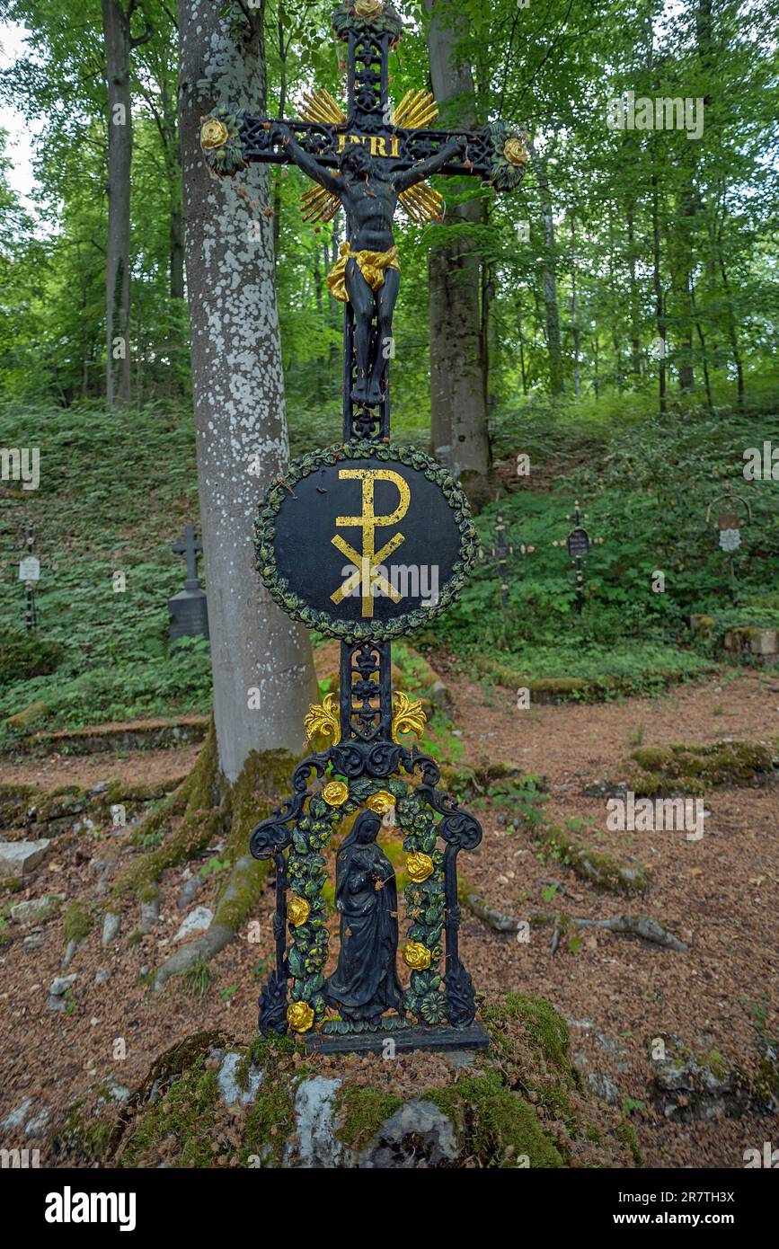 Historical grave cross around 1830 in a funeral forest, Upper Franconia ...