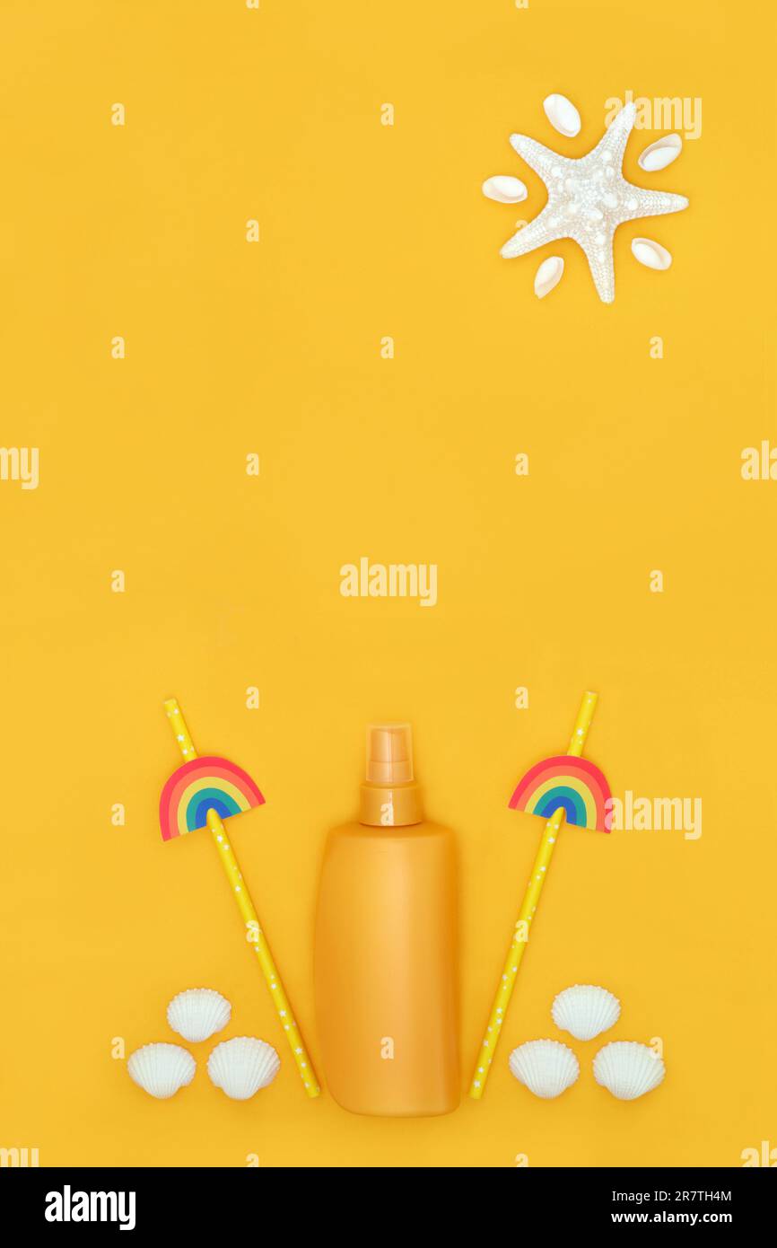 Suntan lotion for summer skincare protection with rainbow drinking ...