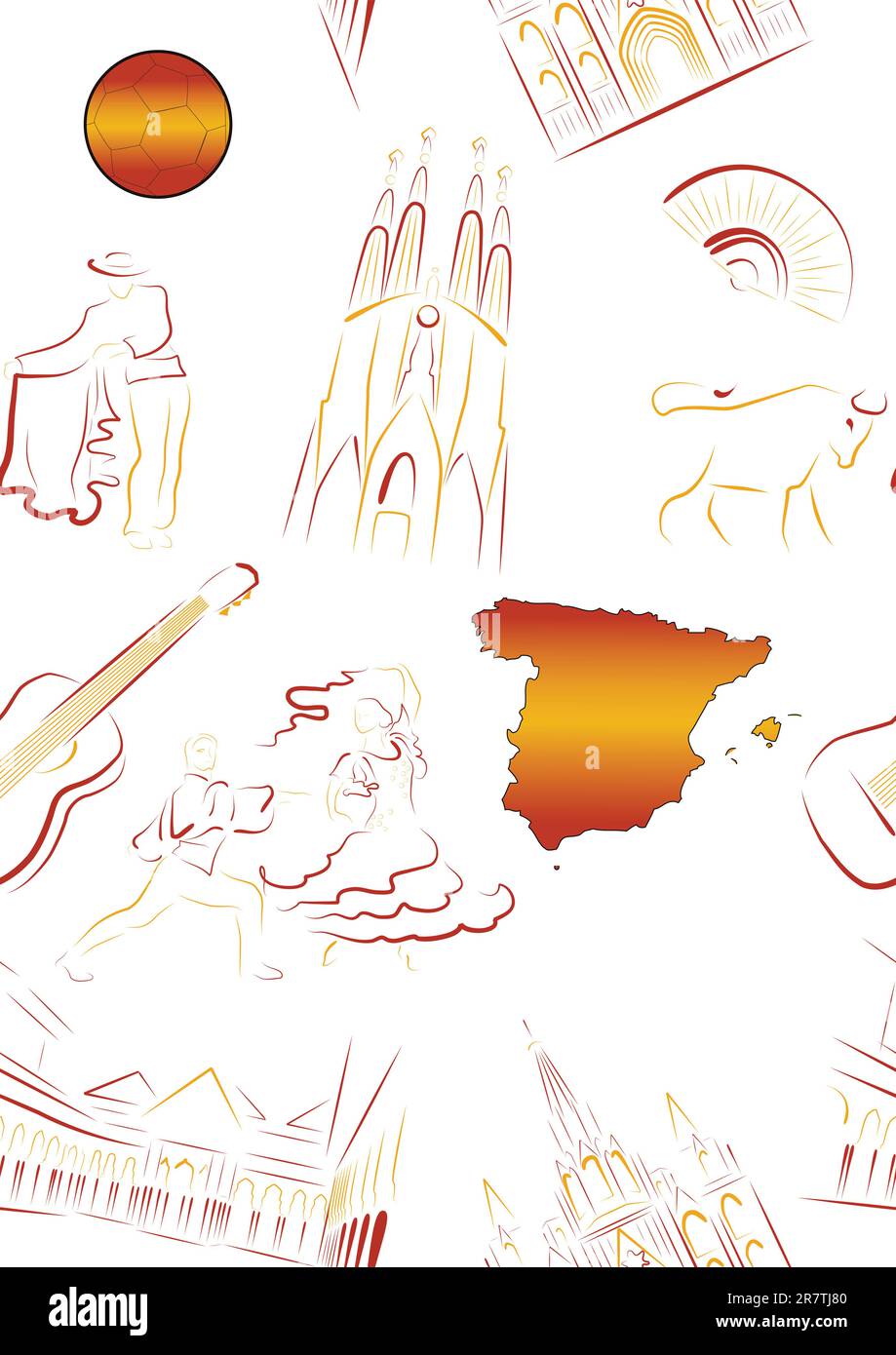Set of vector drawn stylized sights and symbols of Spain. Seamless ...