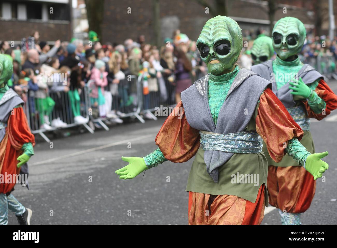 A colourful otherworldly group at the St Patrick's day parade in Dublin ...