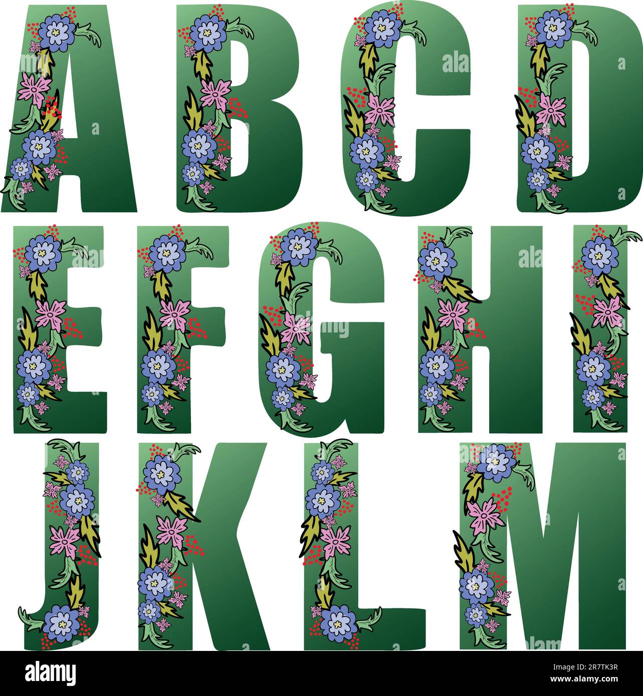 Big green letters of the alphabet decorated with flowers. Part 1 Stock ...