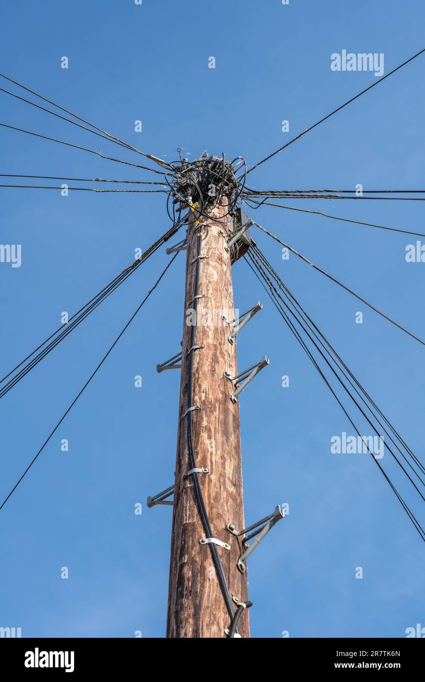 Typical English overhead power line mast for low voltage lines, England ...