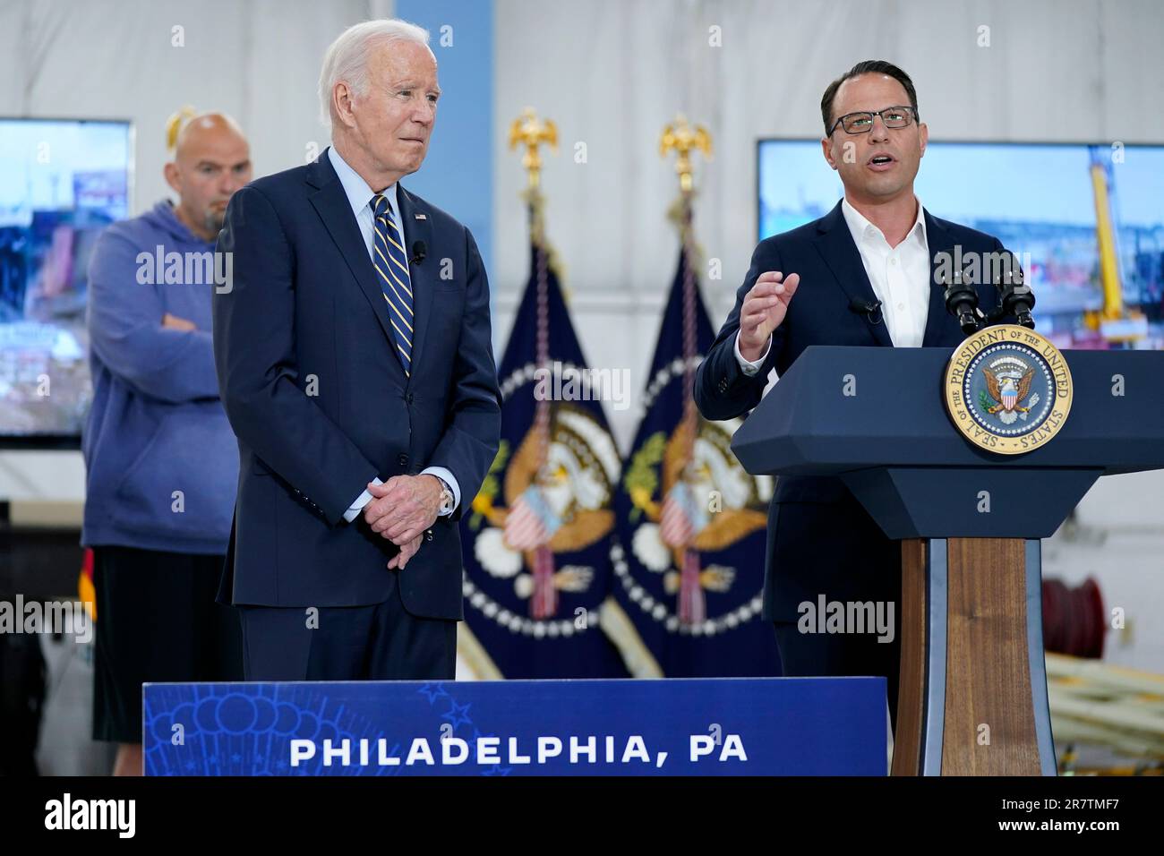 President Joe Biden Listens As Pennsylvania Gov Josh Shapiro Speaks At