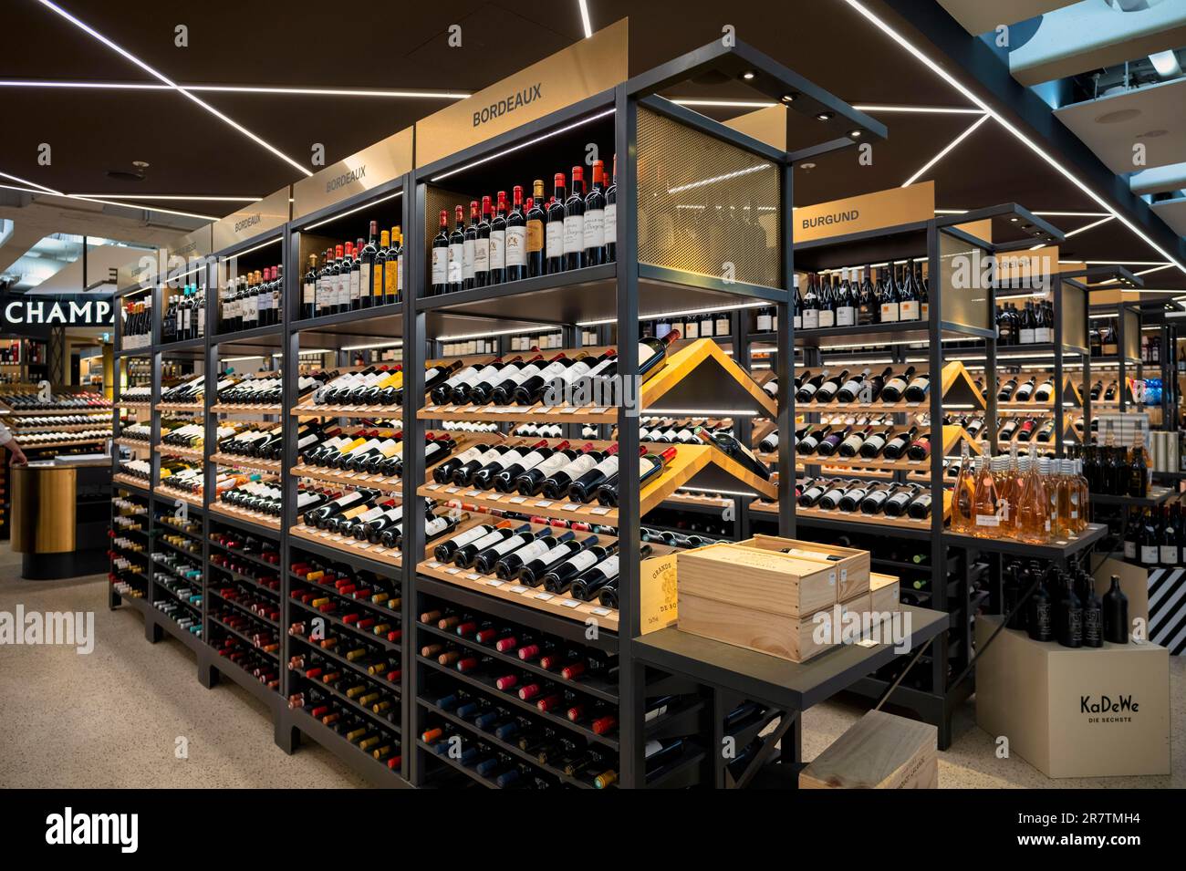 Interior view, wine display, wine bottles, wine rack, food department ...