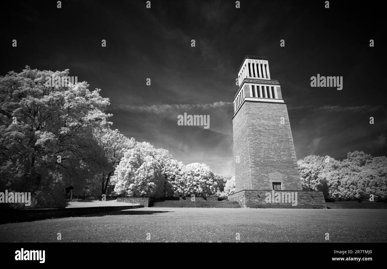 Infrared photo, memorial bell tower, former concentration camp beech ...
