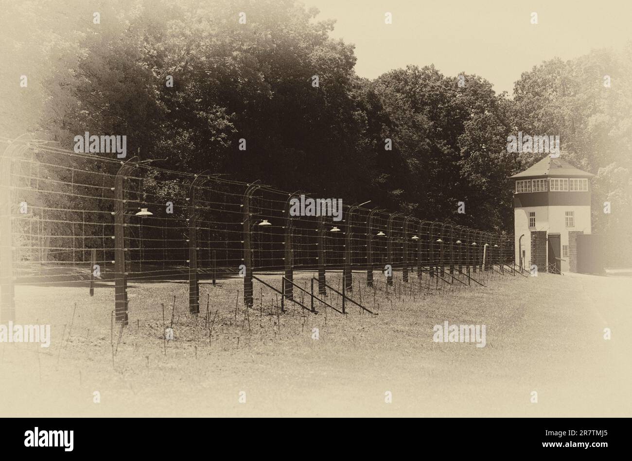Reconstructed camp fence with watchtower, former concentration camp ...