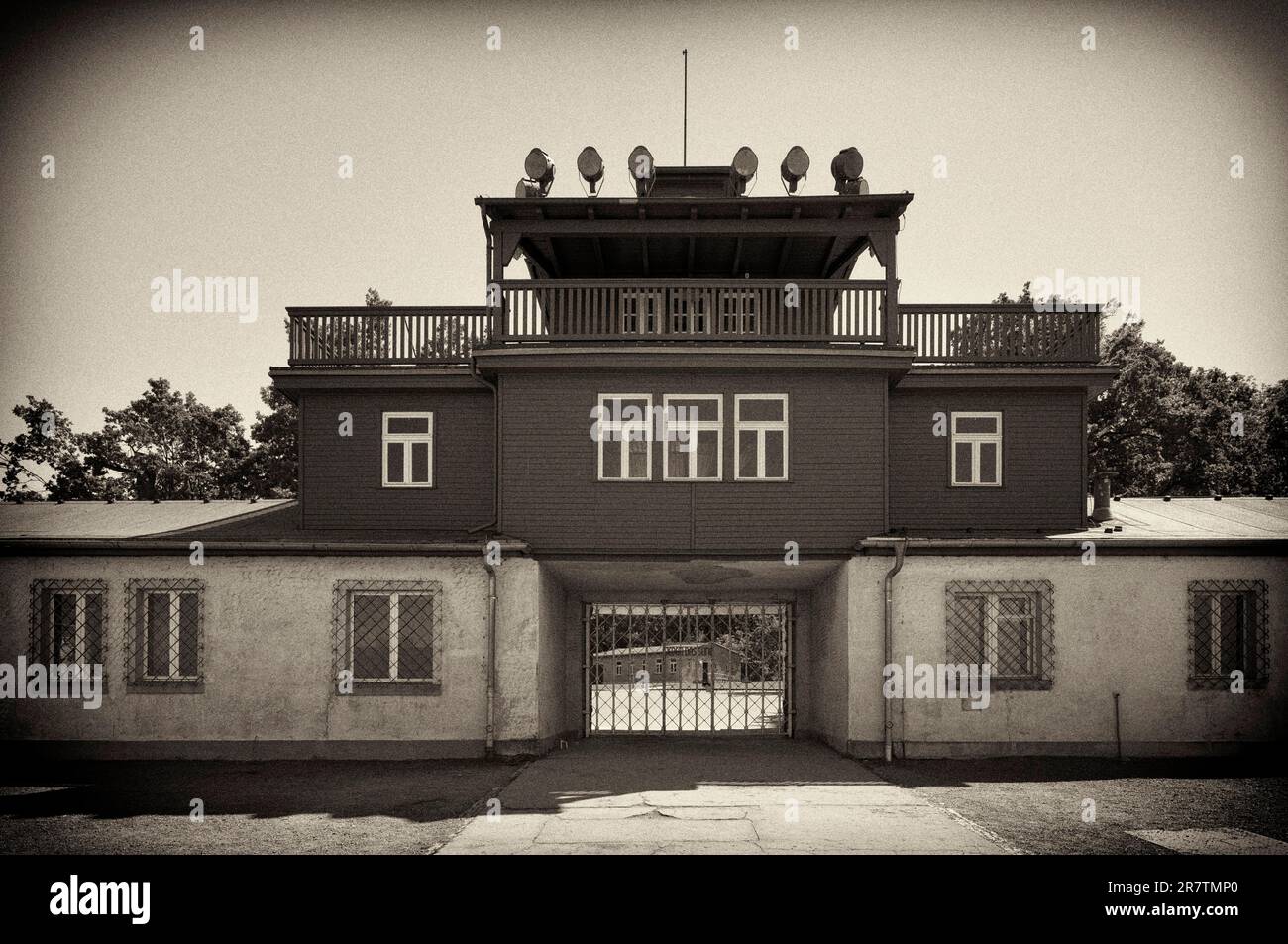 Gate to the camp, main watchtower, former concentration camp beech ...