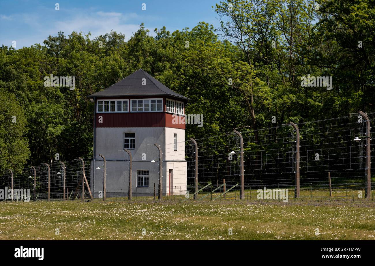Reconstructed camp fence with watchtower, former beech forest ...