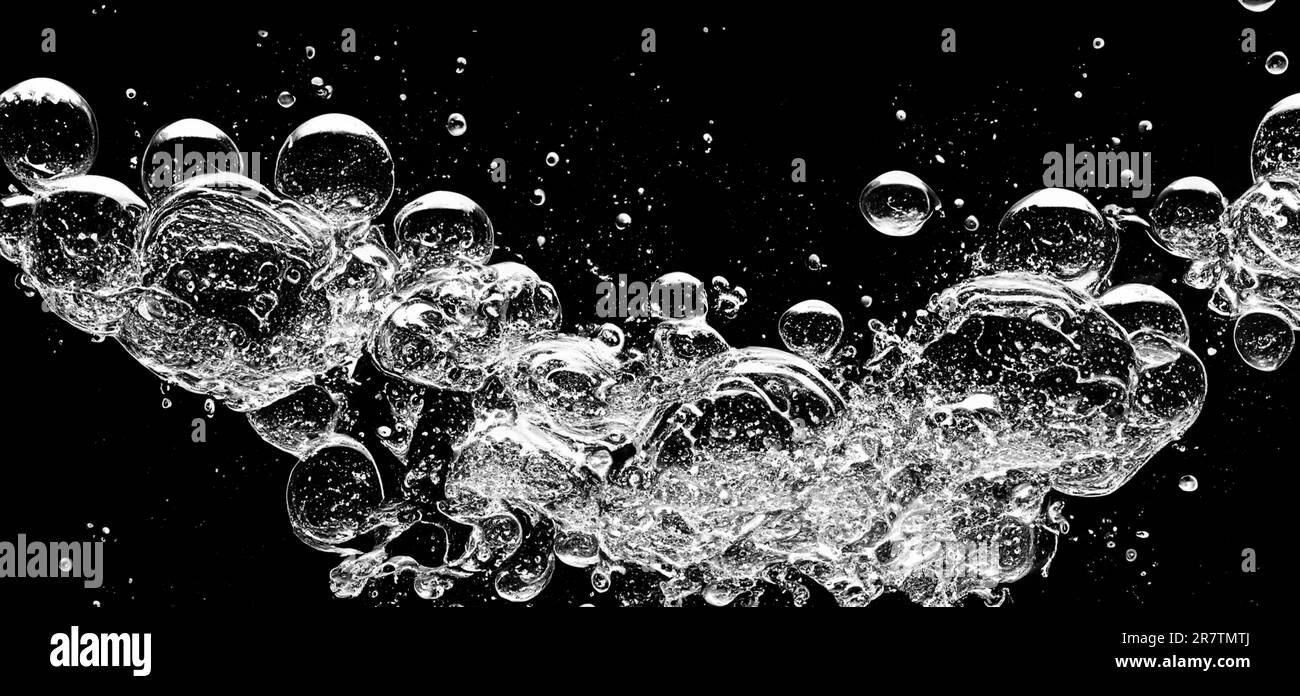 Soda water bubbles splashing underwater against black background. Cola ...