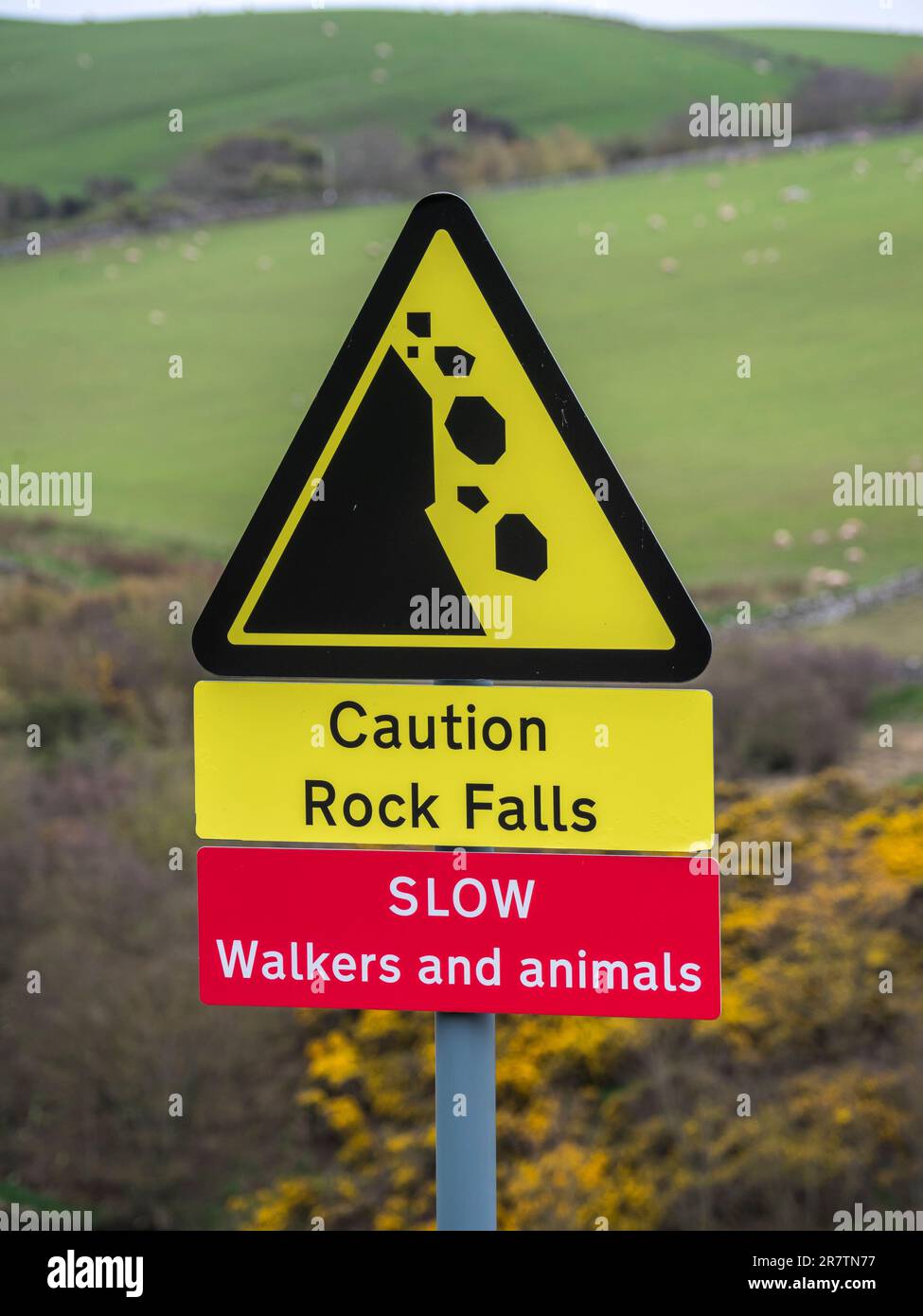Single track road at St. Abbs head, warning sign to be aware of walkers ...