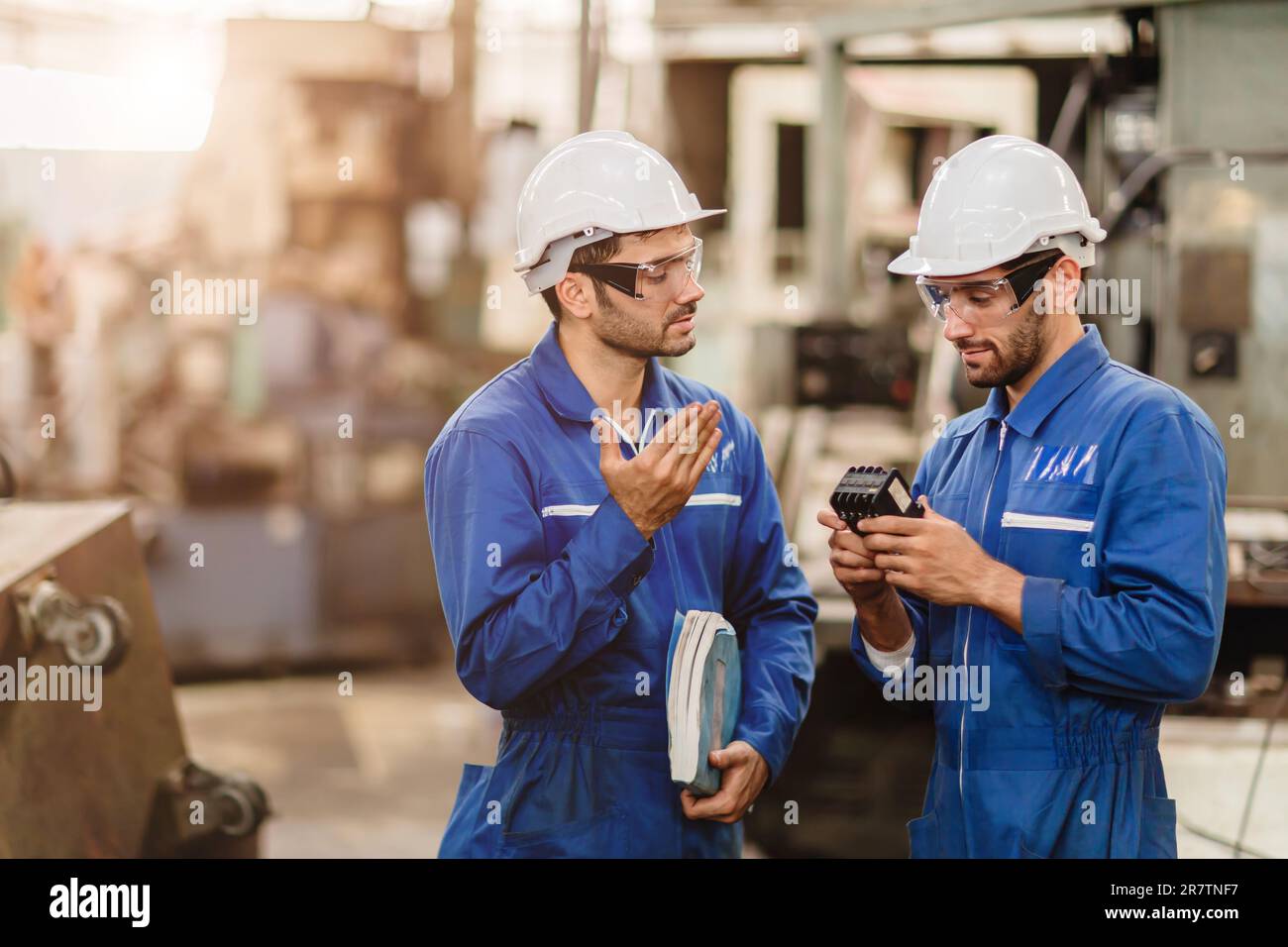 Engineer Worker Working Together Talking With Friend Teammate In Metal ...