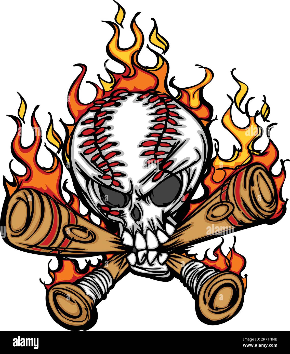 Cartoon Image of Flaming Baseball Bats and Skull with Baseball Laces ...