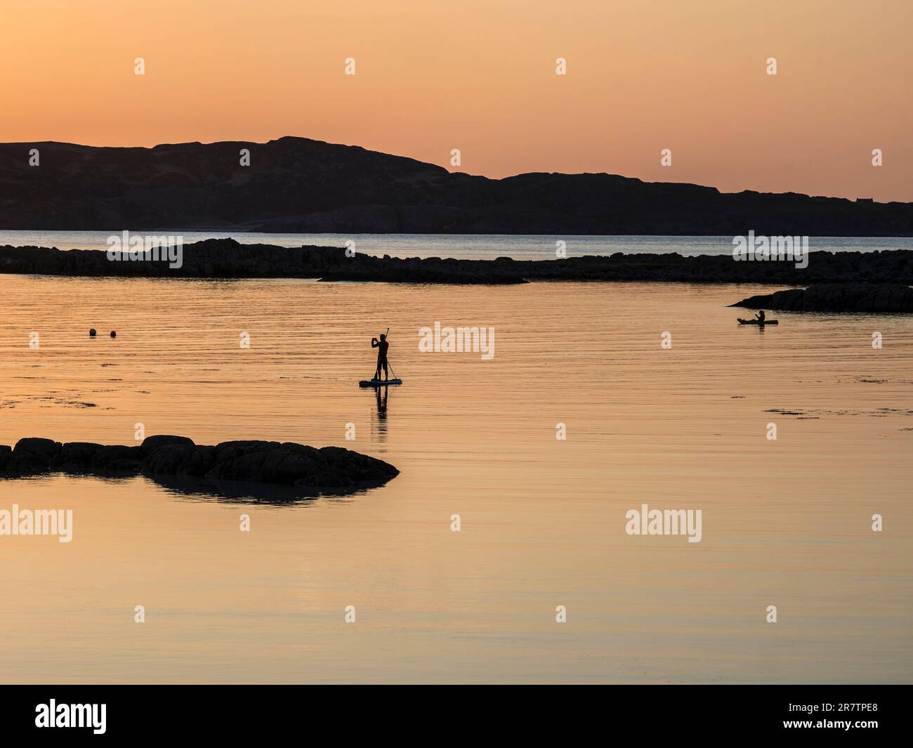 Stand up paddling, Sup, sunset, coast at Fidden, Isle of Mull, Scotland ...