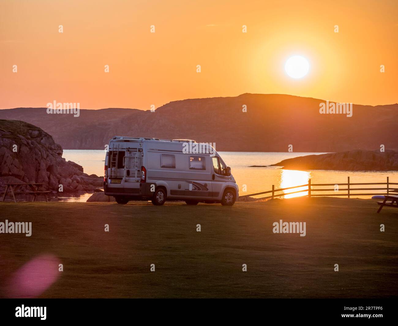 Camper vans a the coast, sunset, campsite Fidden, Isle of Mull ...