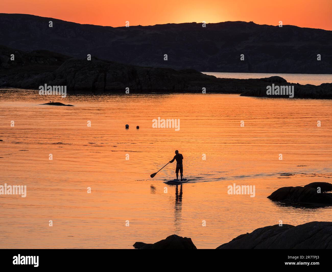 Stand up paddling, Sup, sunset, coast at Fidden, Isle of Mull, Scotland ...