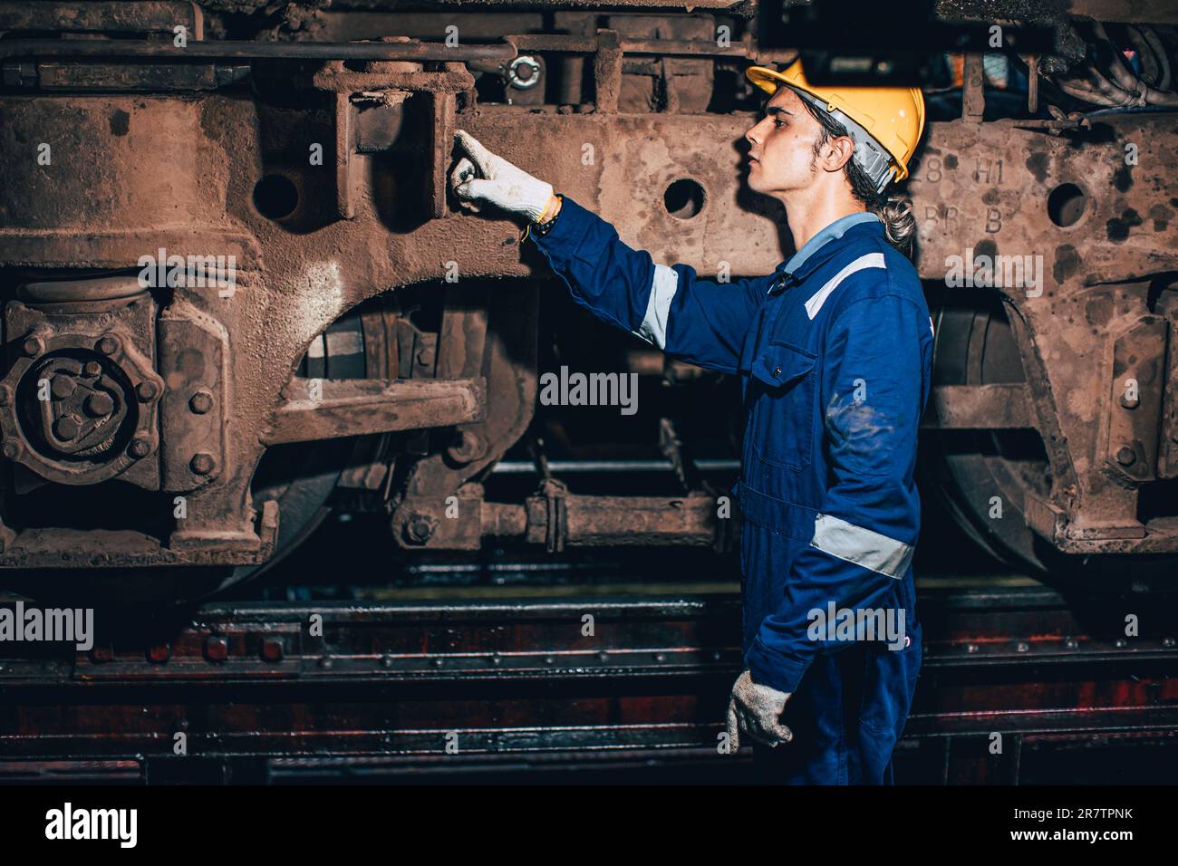 Train engineer team working service maintenance old dirty vintage ...