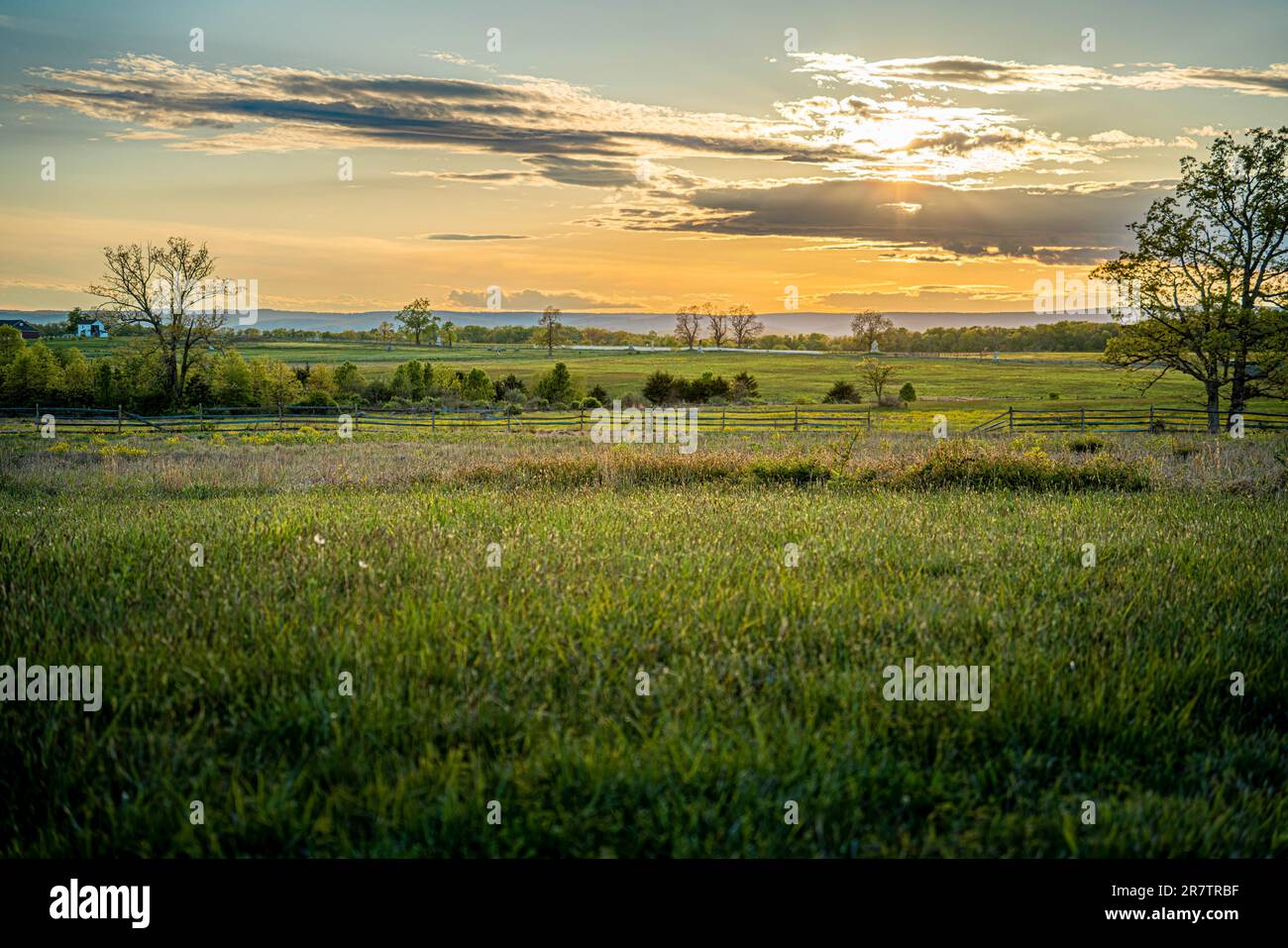 Farm field at sunrise in Gettysburg site of the battle during the civil ...