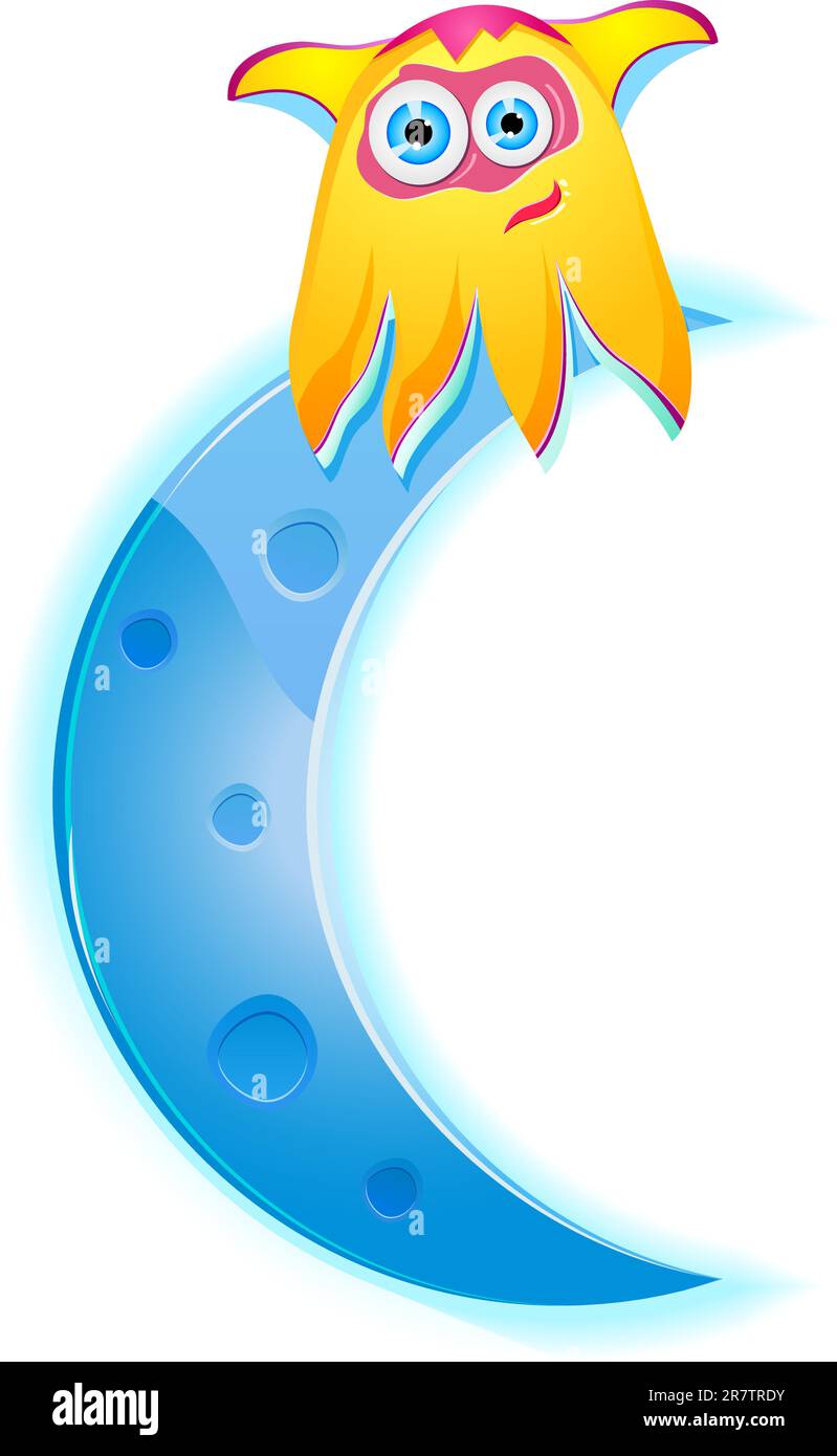 cute yellow monster sitting on the cyan moon crescent. Vector ...