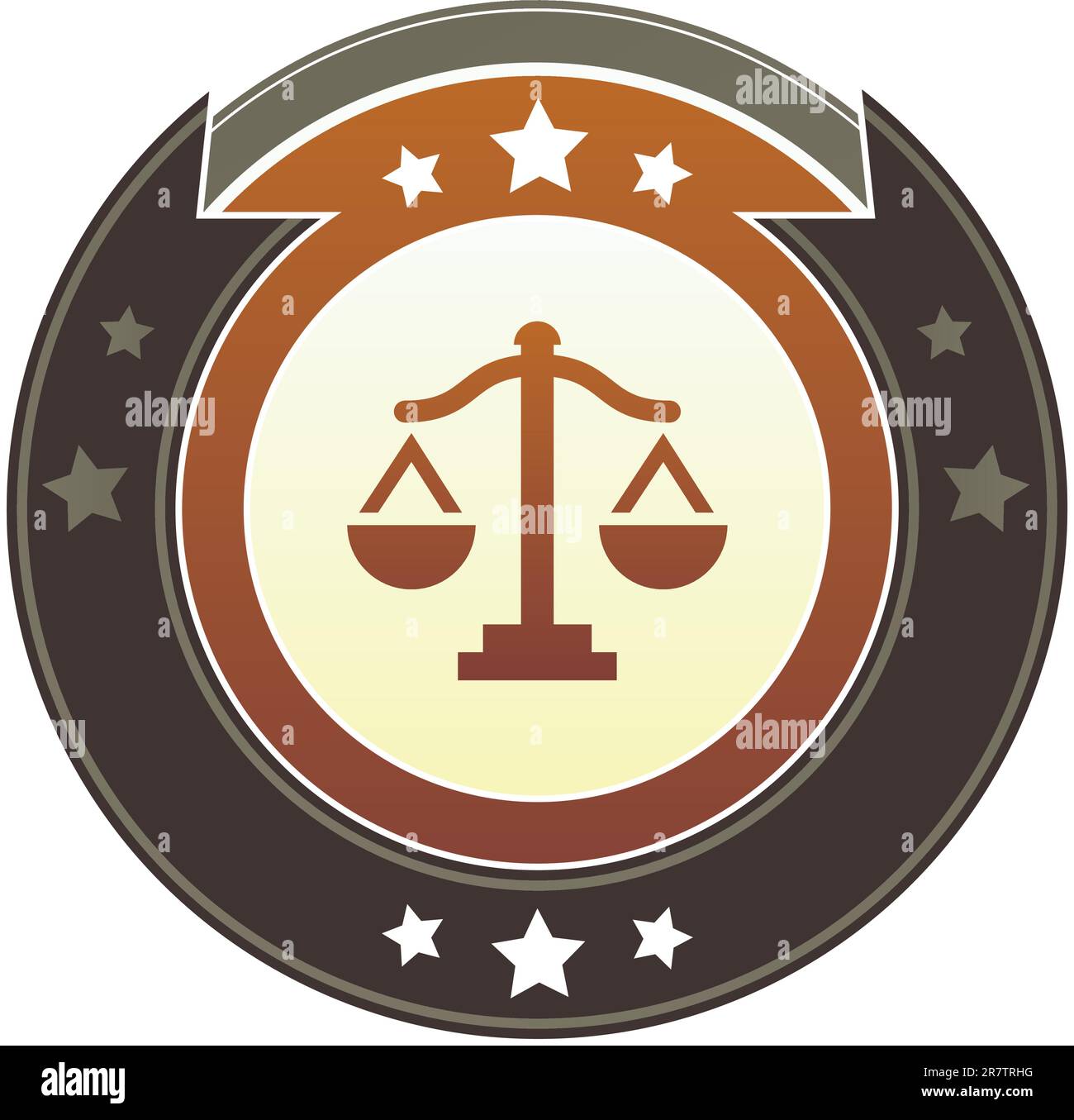 Scales, justice, balance, or equality icon on round red and brown ...