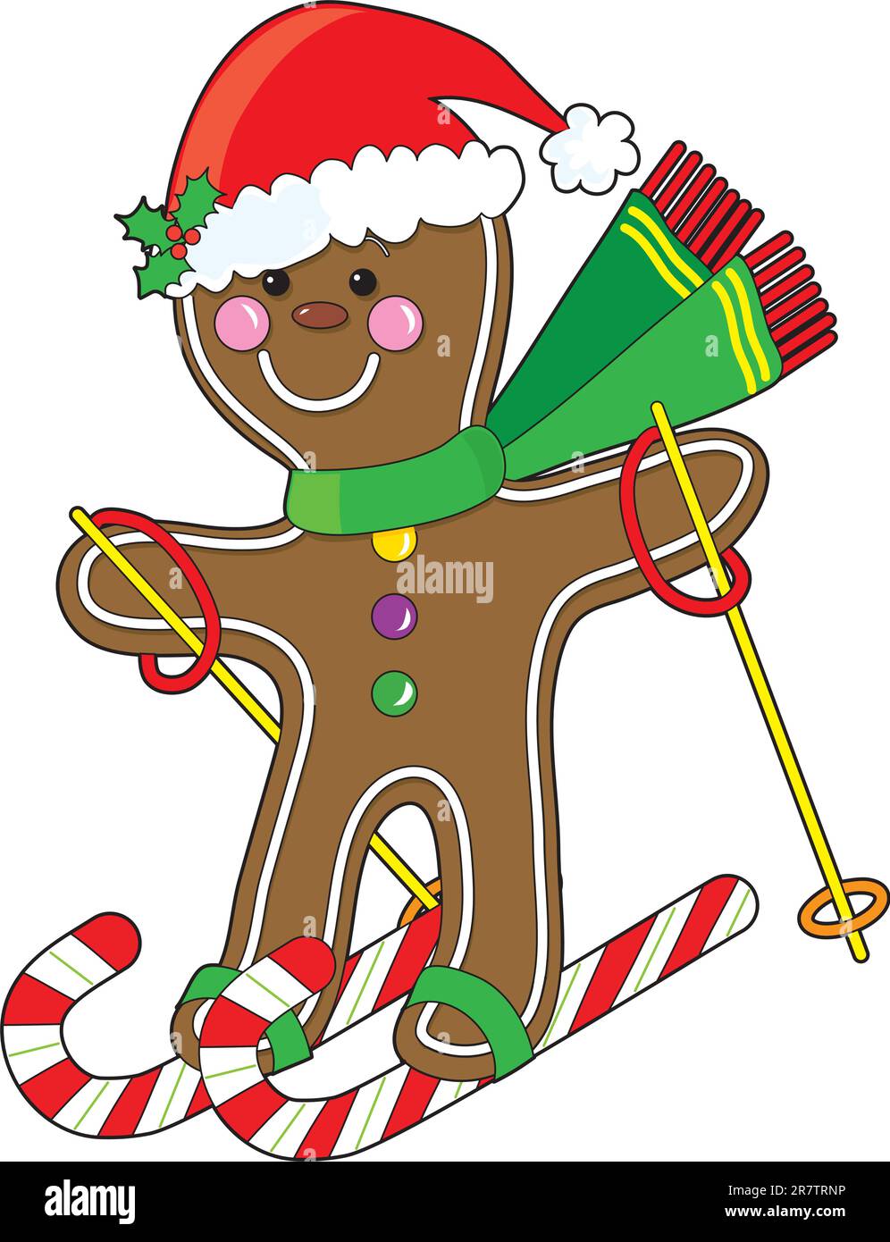 A cute gingerbread man is skiing on candy canes and wearing a Santa hat ...