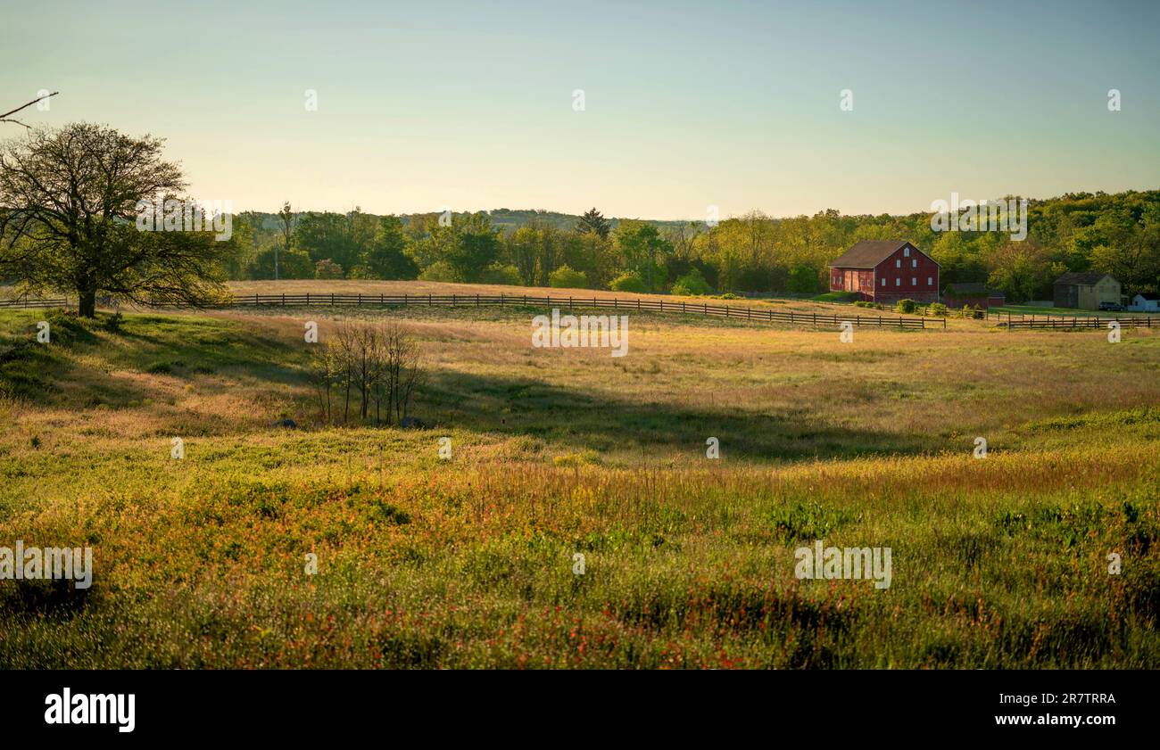 Farm field at sunrise in Gettysburg site of the battle during the civil ...