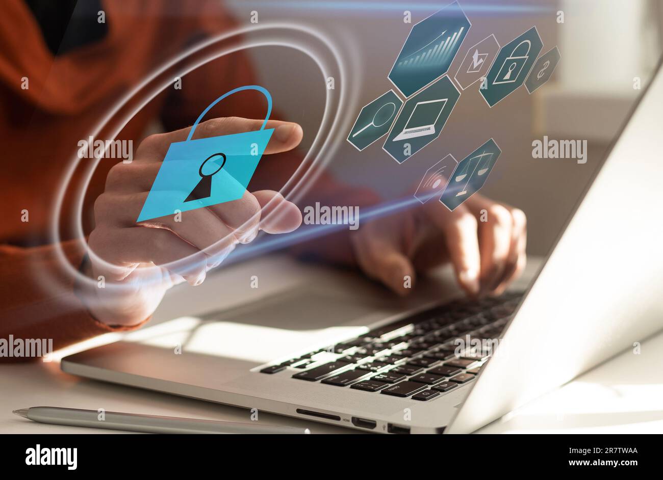 Cyber security concept, Person hand touching cyber security icon on ...