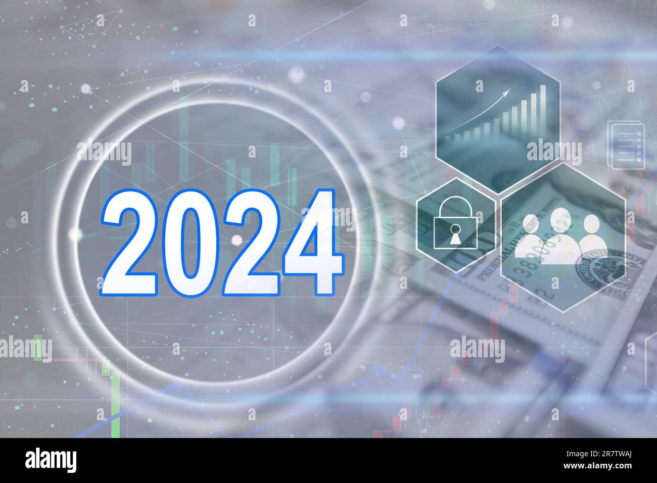 2024 calender year button on digital virtual screen blur background ...