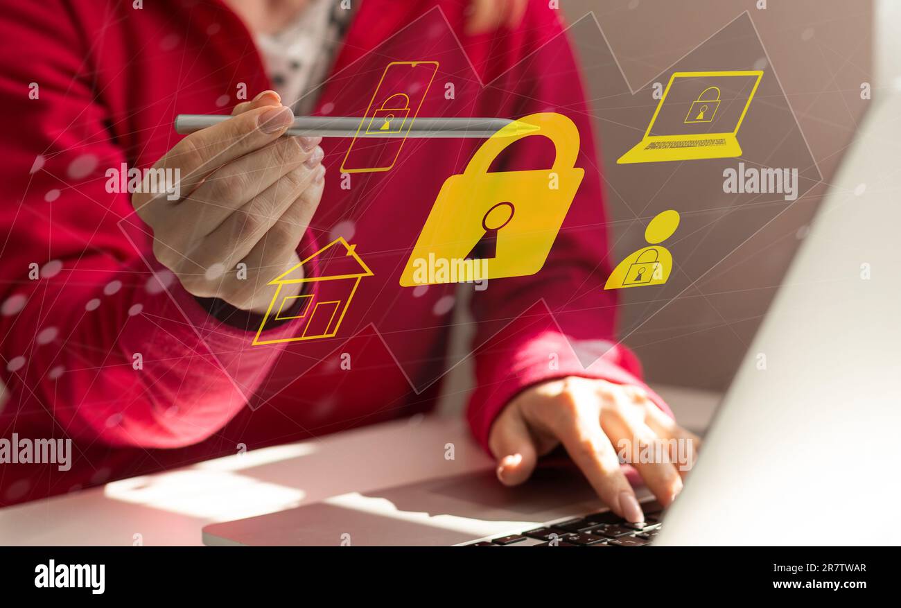 Cyber security concept, Person hand touching cyber security icon on ...