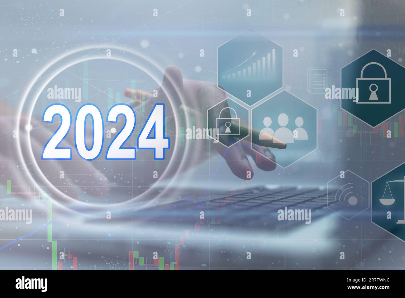 2024 calender year button on digital virtual screen blur background ...