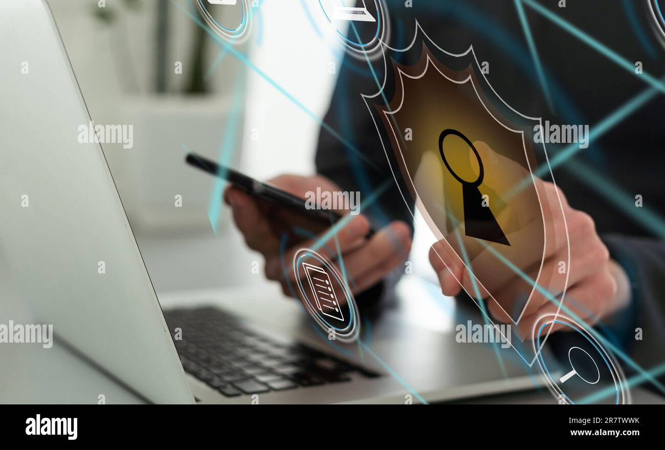 Cyber security concept, Person hand touching cyber security icon on ...