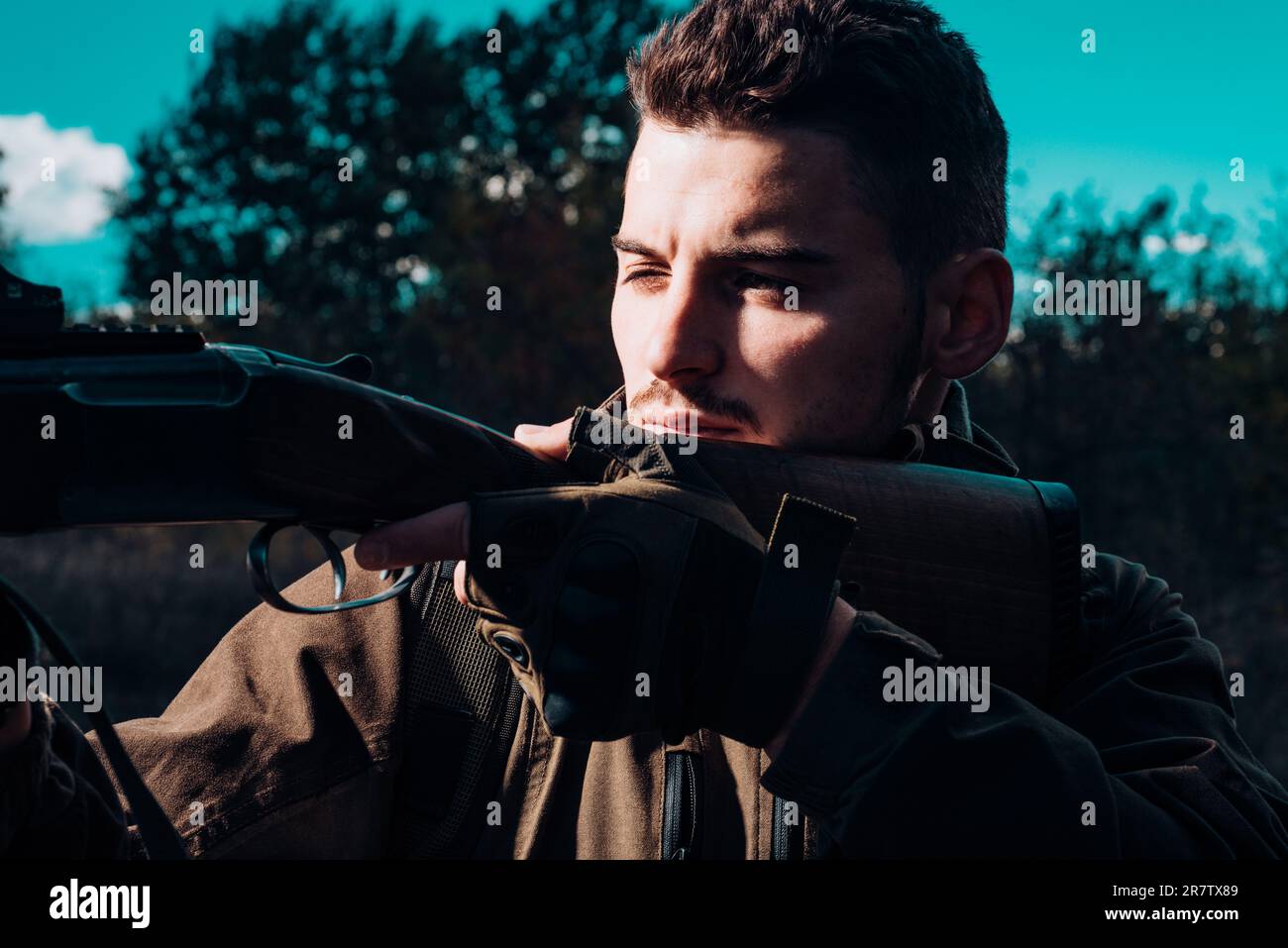 Close up snipers carbine at the outdoor hunting. Close up Portrait of ...